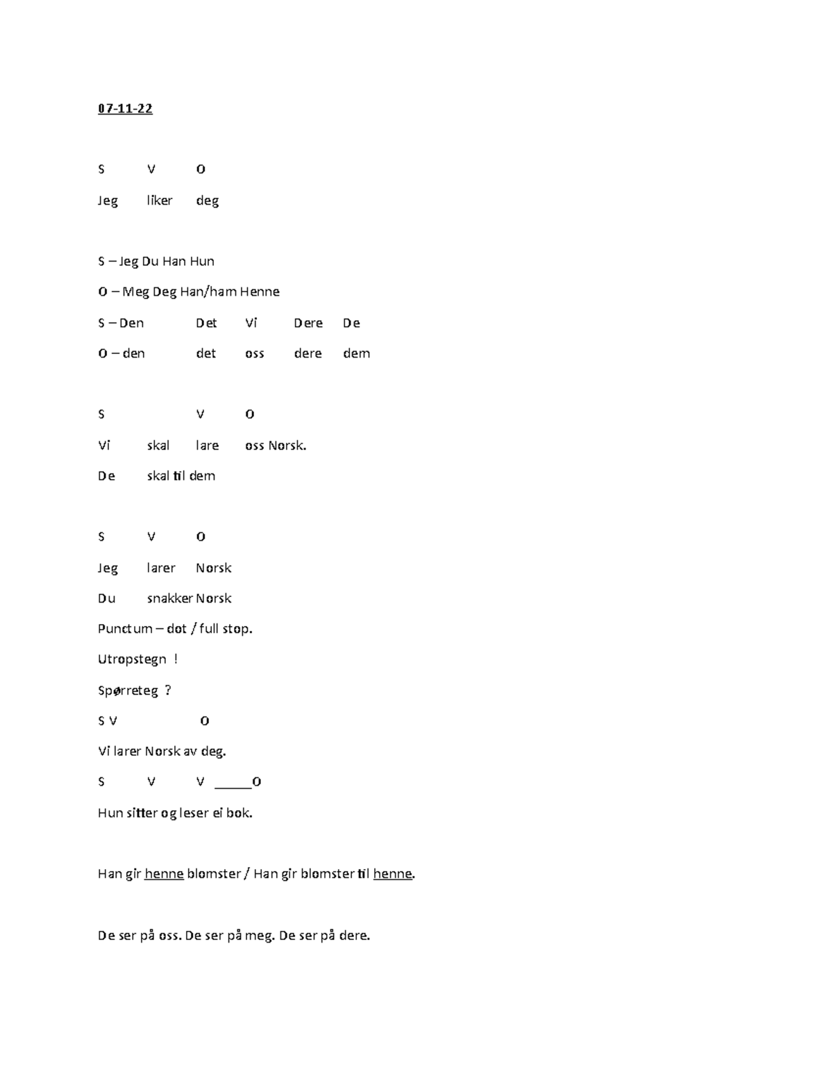 07-11-22 - Basic - 07-11- S V O Jeg liker deg S – Jeg Du Han Hun O – Meg Deg Han/ham Henne S ...