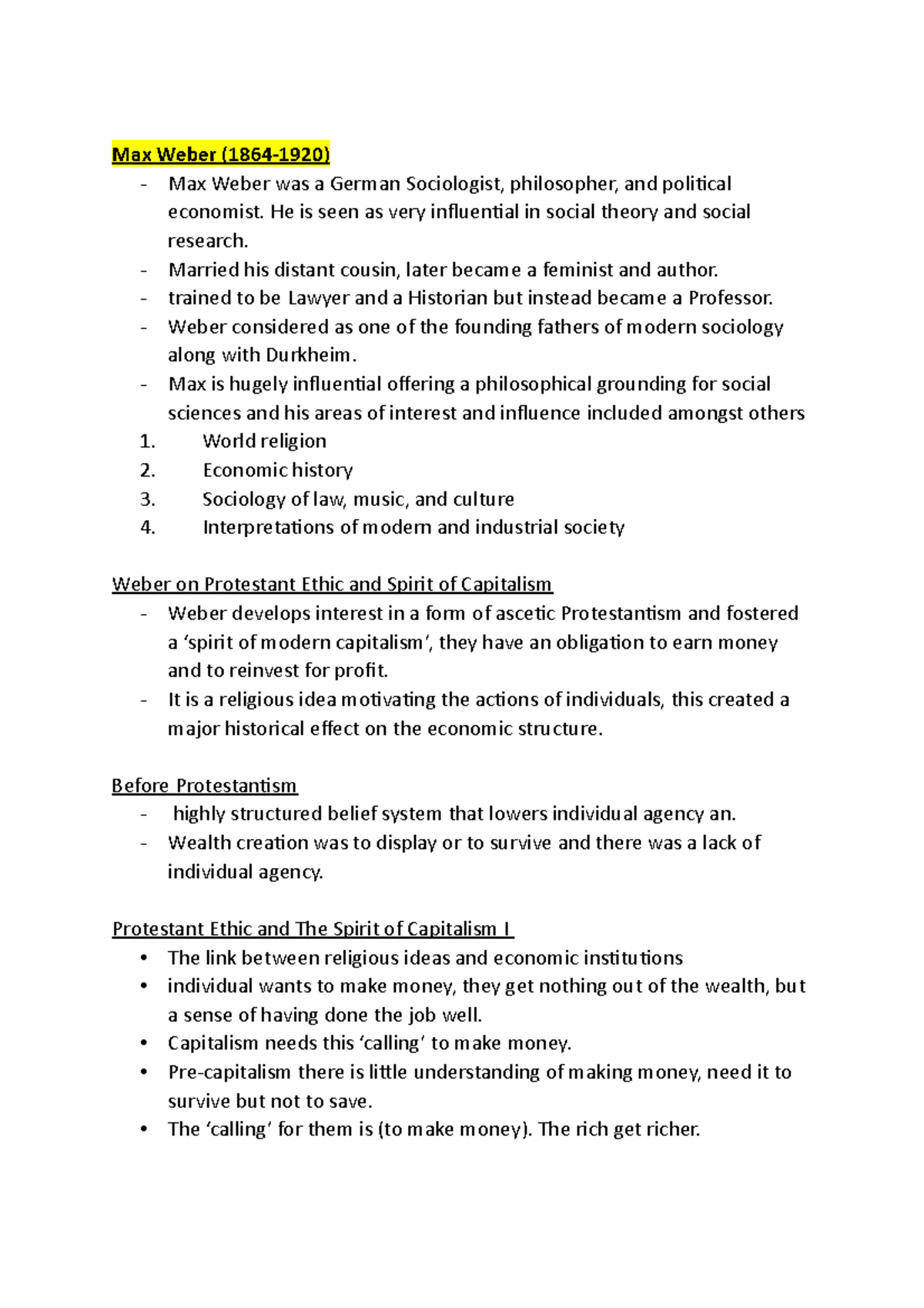 Max weber - Lecture notes 4 - Max Weber (1864-1920) - Max Weber was a ...