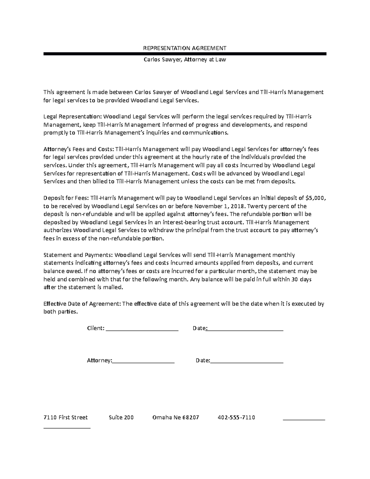 Sample Contract - REPRESENTATION AGREEMENT Carlos Sawyer, Attorney at ...