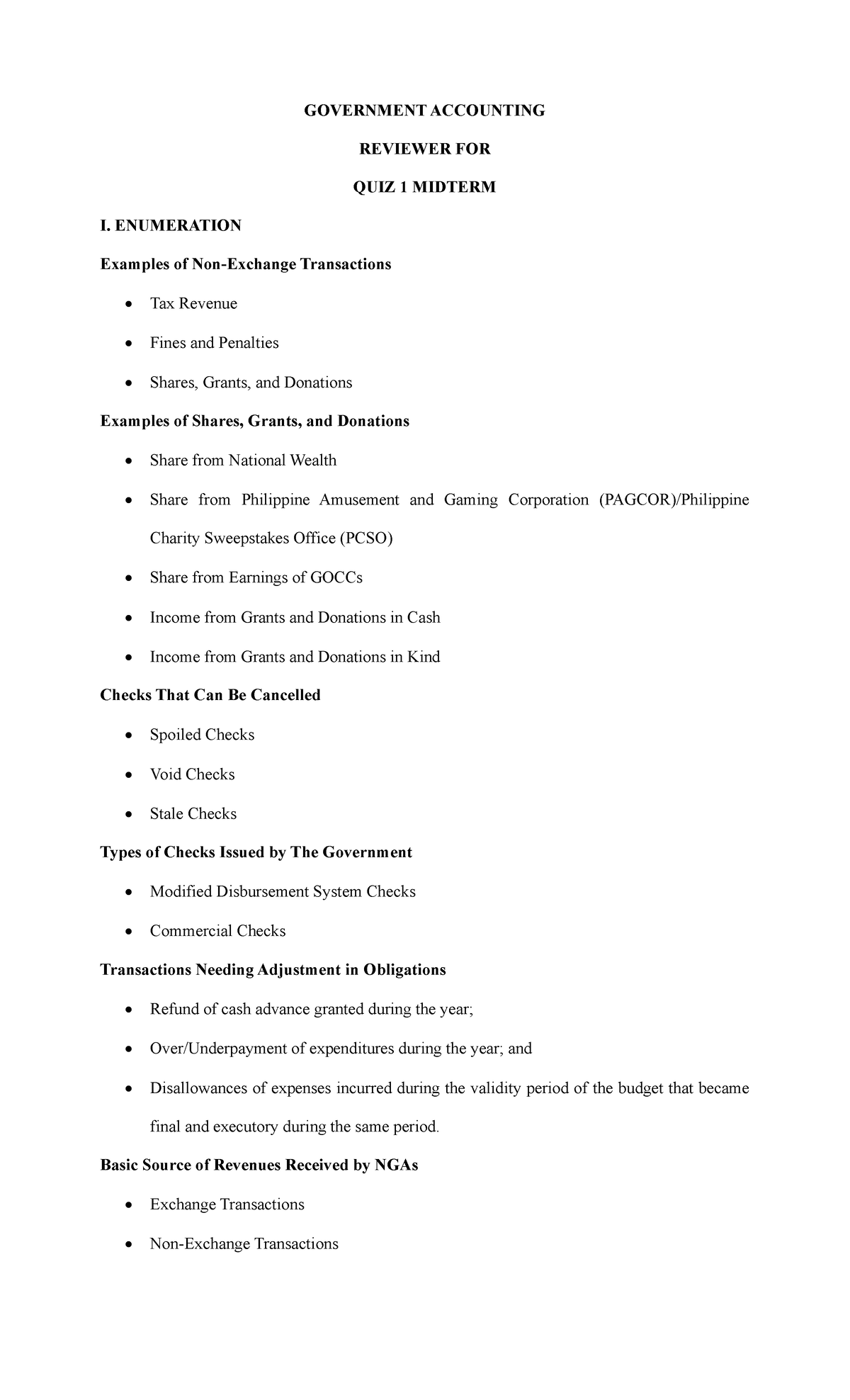 Reviewer FOR QUIZ 1 Midterm AND Midterm EXAM - GOVERNMENT ACCOUNTING REVIEWER FOR QUIZ 1 MIDTERM ...