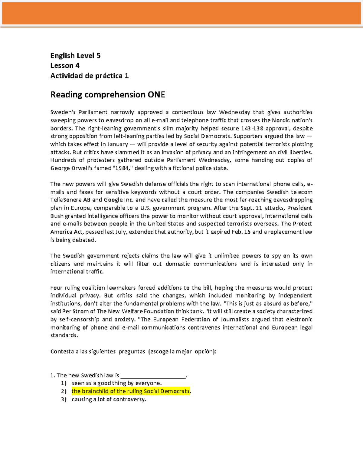 Inglesbr - English Level 5 Lesson 4 Actividad de práctica 1 Reading ...