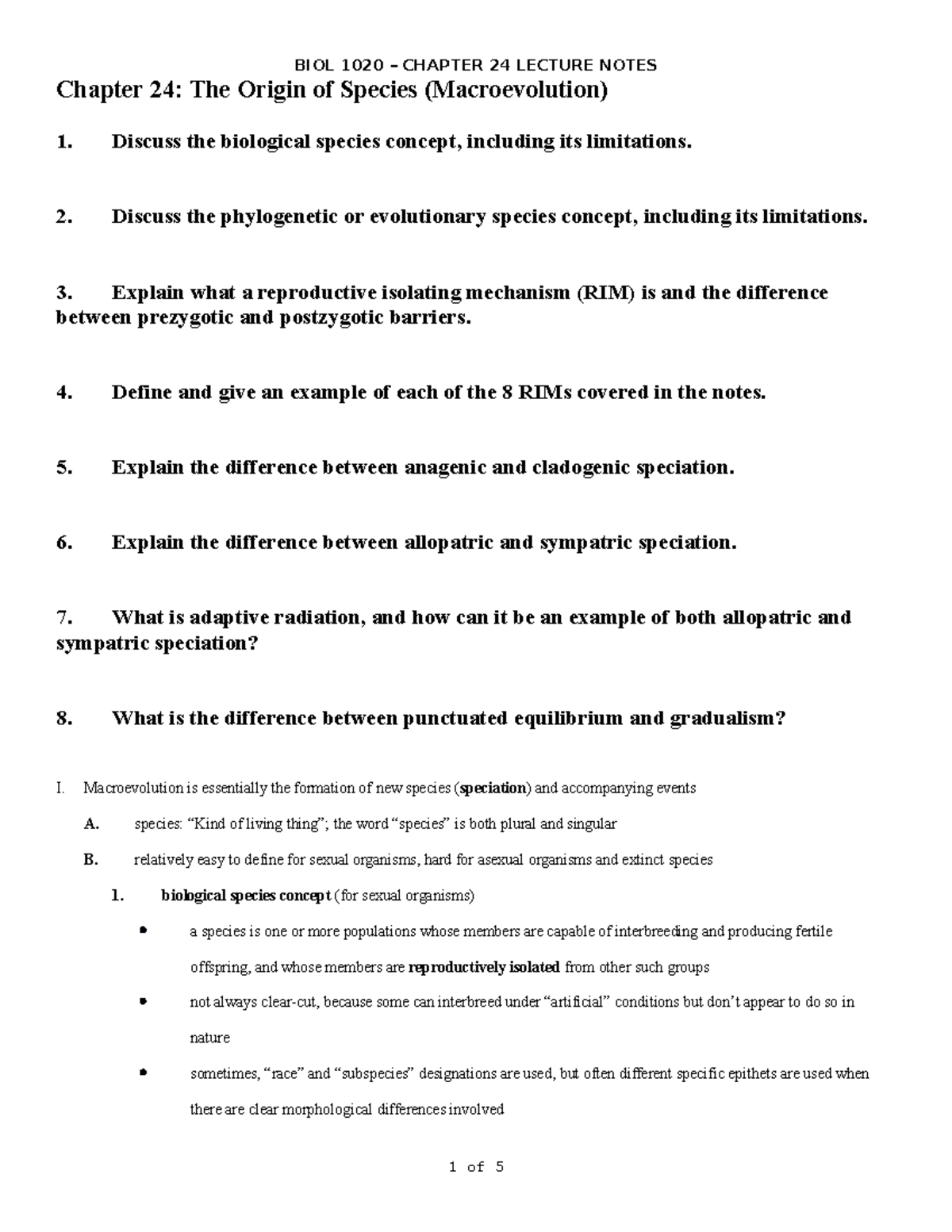 Chapter 24 - Chapter 24: The Origin of Species (Macroevolution) 1 ...