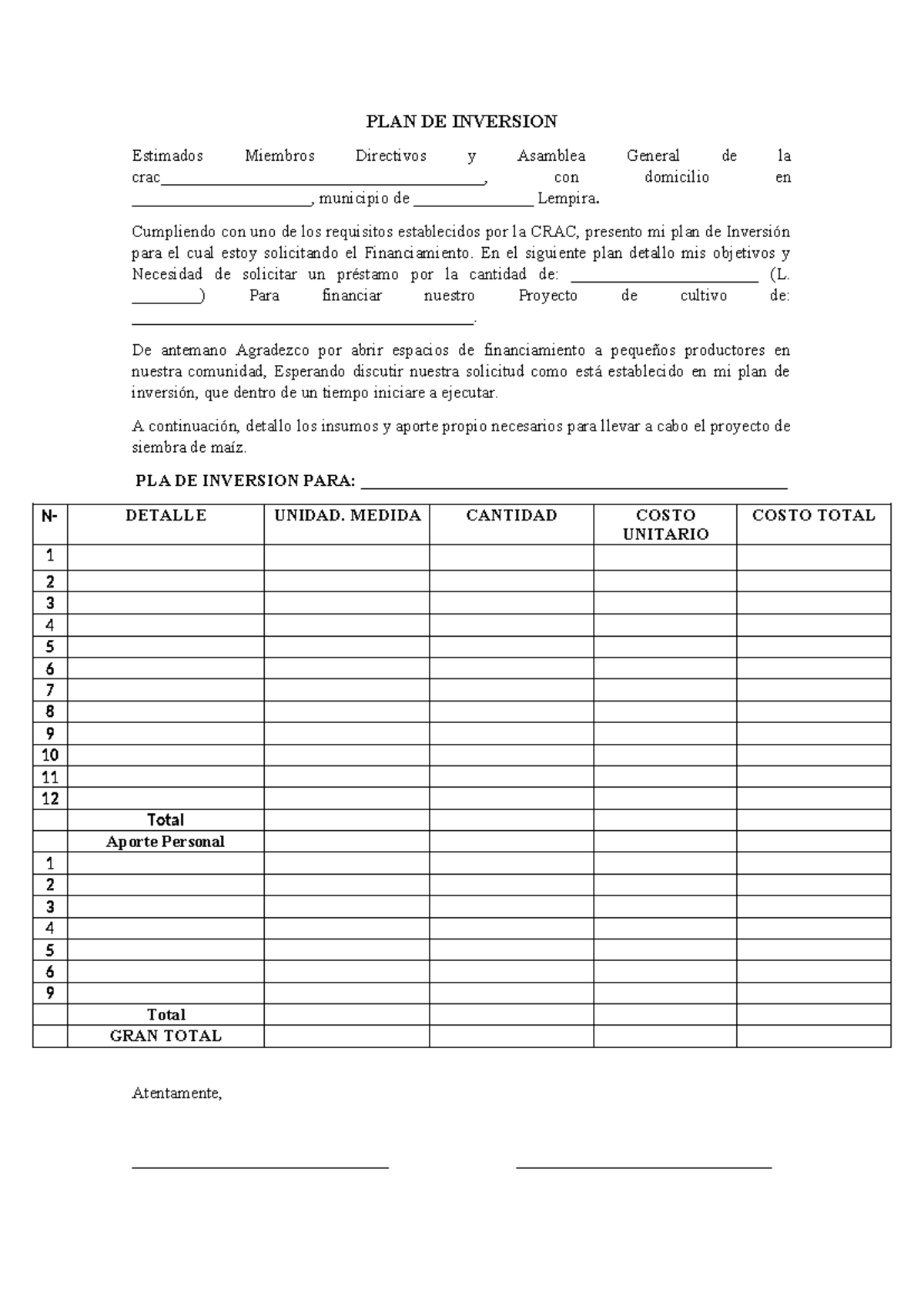 Formato Plan de inversion - PLAN DE INVERSION Estimados Miembros ...