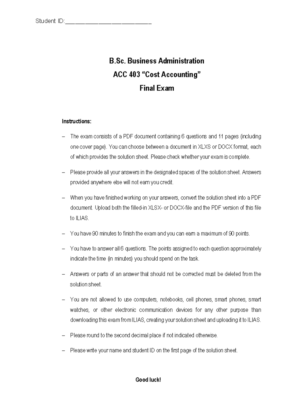 Exam Spring 2022 1 - Altklausur - B. Business Administration ACC 403 ...