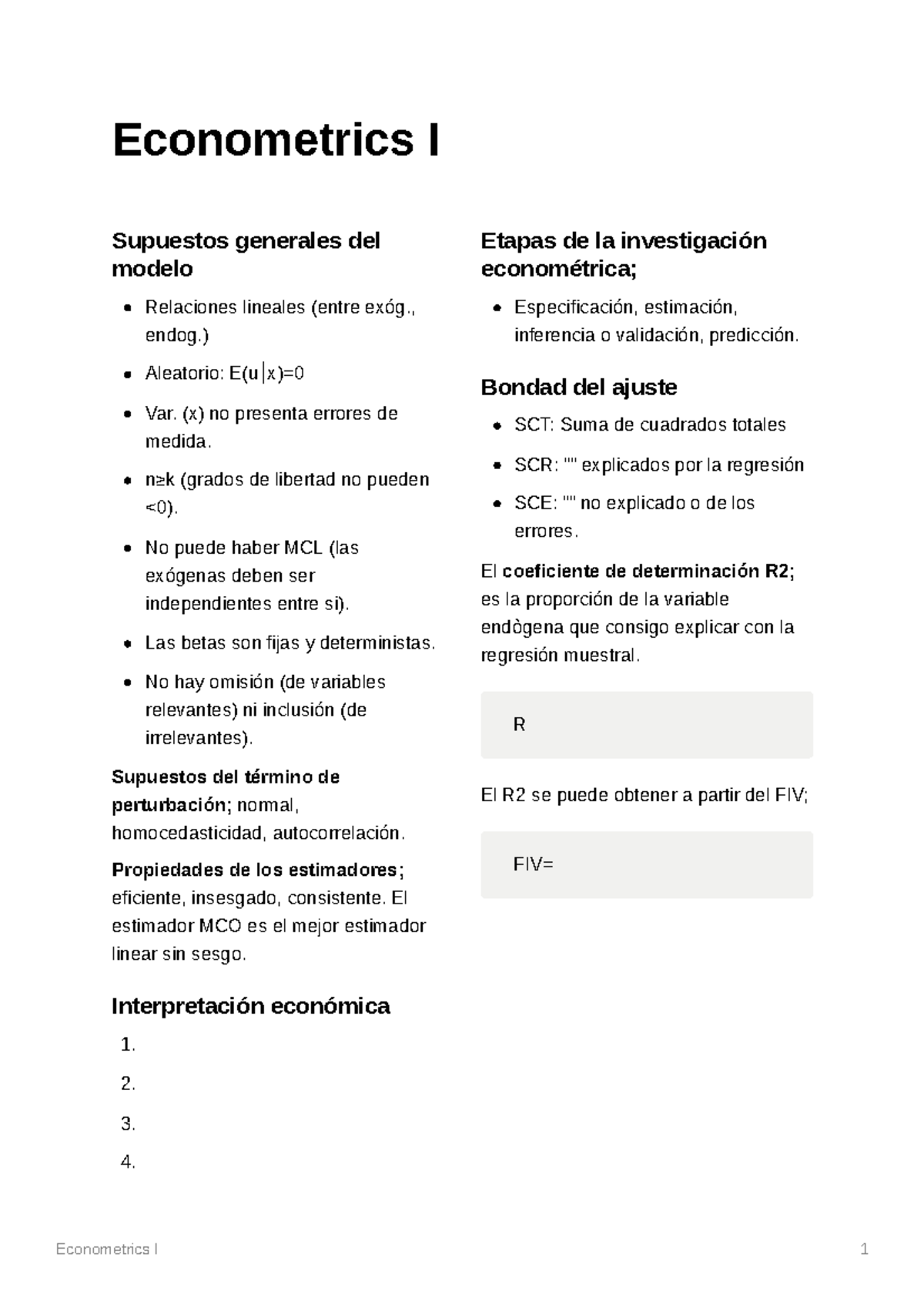 Econometrics I - Hoja de práctica para memorizar las fórmulas para el examen final, con espacios ...