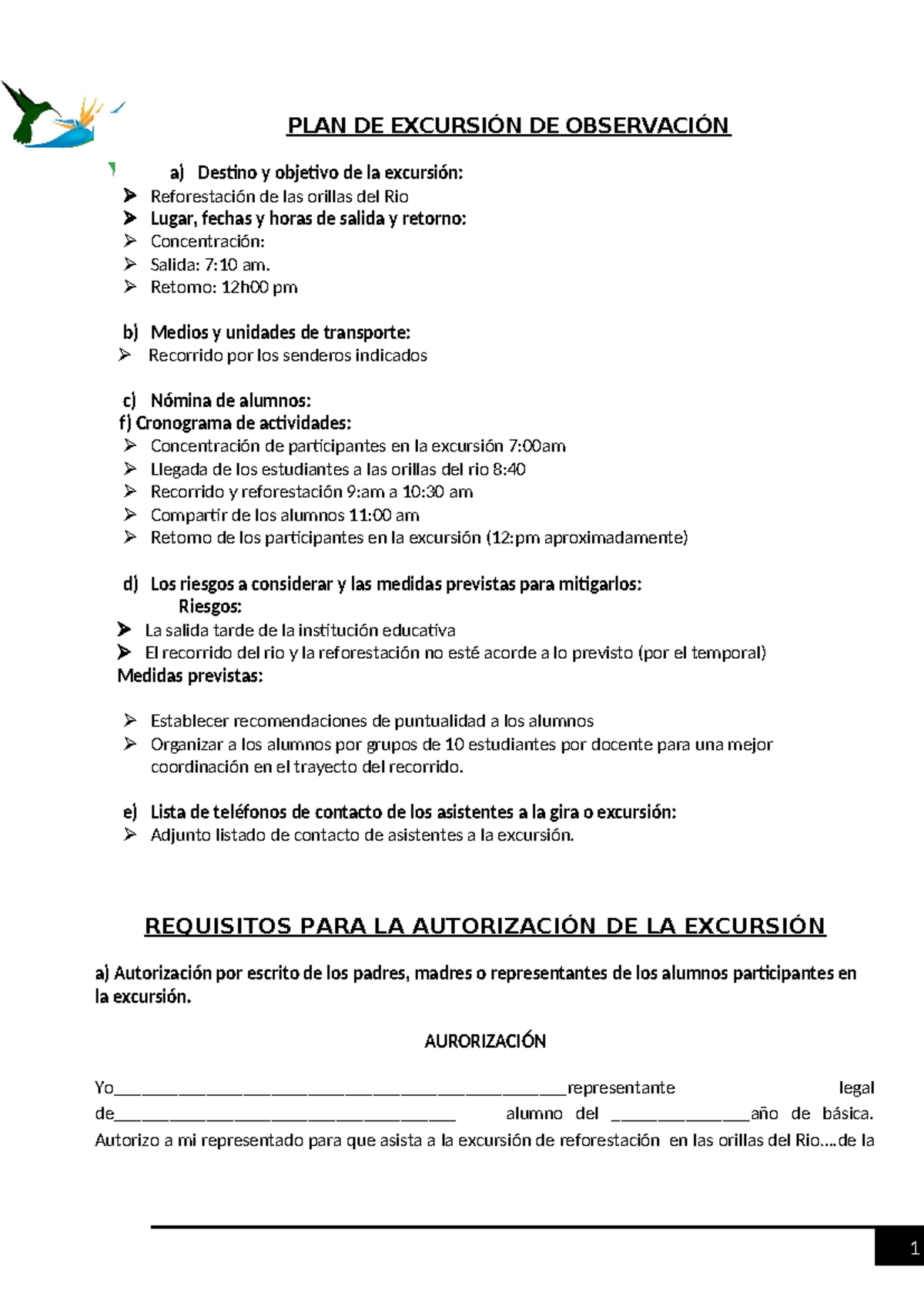 PLAN DE Excursión - 1 PLAN DE EXCURSIÓN DE OBSERVACIÓN a) Destino y ...