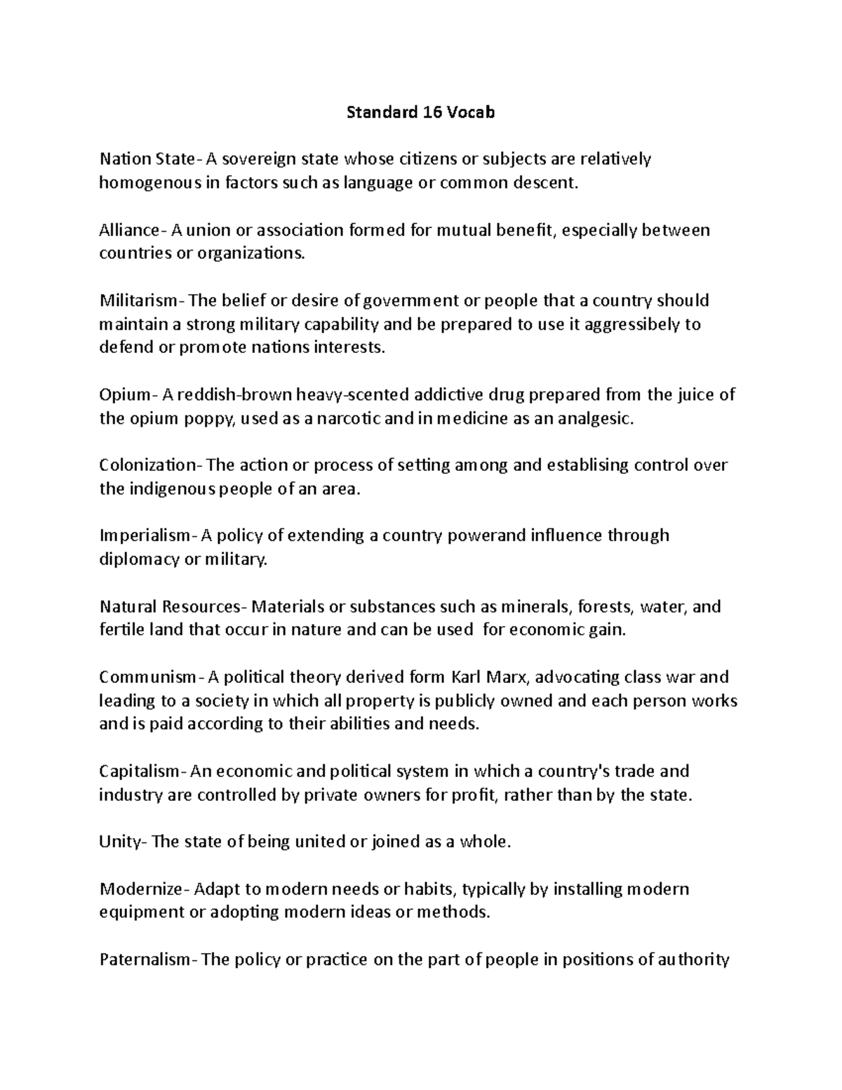Standard 16 Vocab - Standard 16 Vocab Nation State- A sovereign state ...