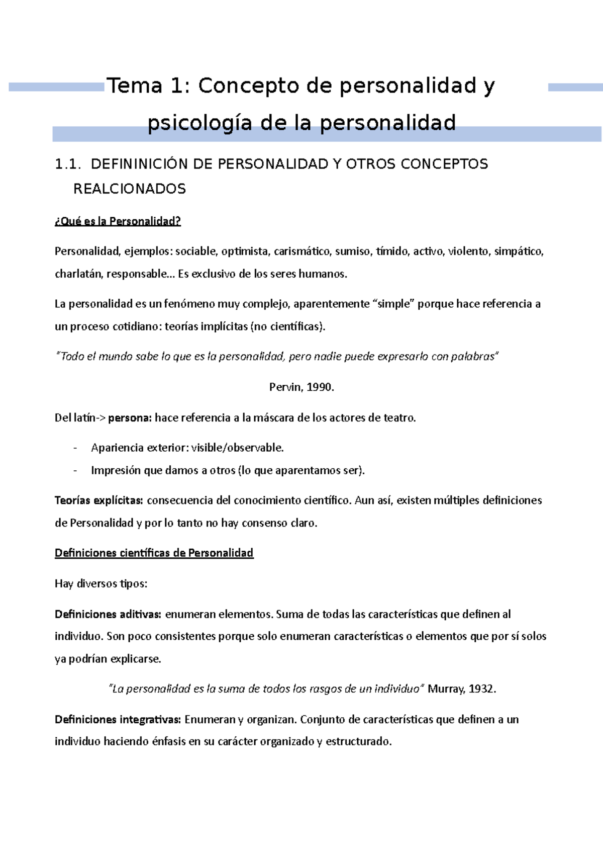 Tema 1 Concepto de personalidad - Tema 1: Concepto de personalidad y ...