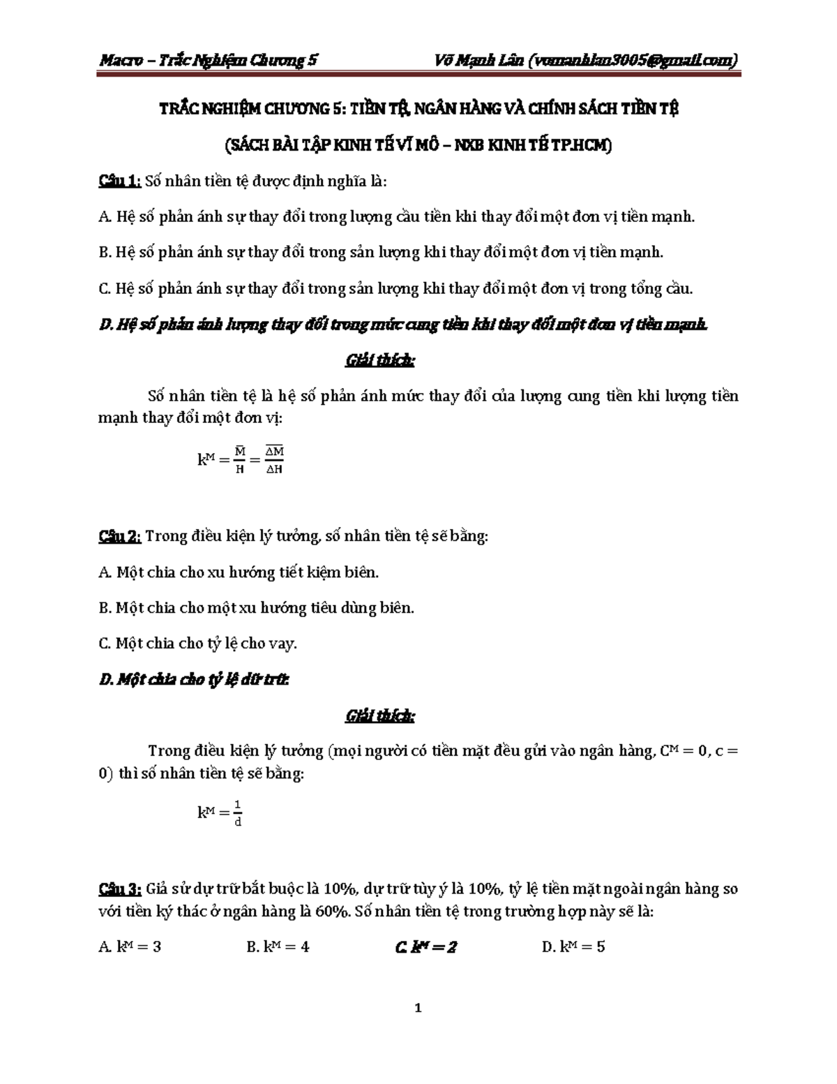 [forum.ueh - Neu - TR¾C NGHIỆM CHƯƠNG 5 : TIÞN TỆ, NG¬N H¿NG V¿ CHÕNH S¡CH TIÞN TỆ (S¡CH B¿I T¾P ...