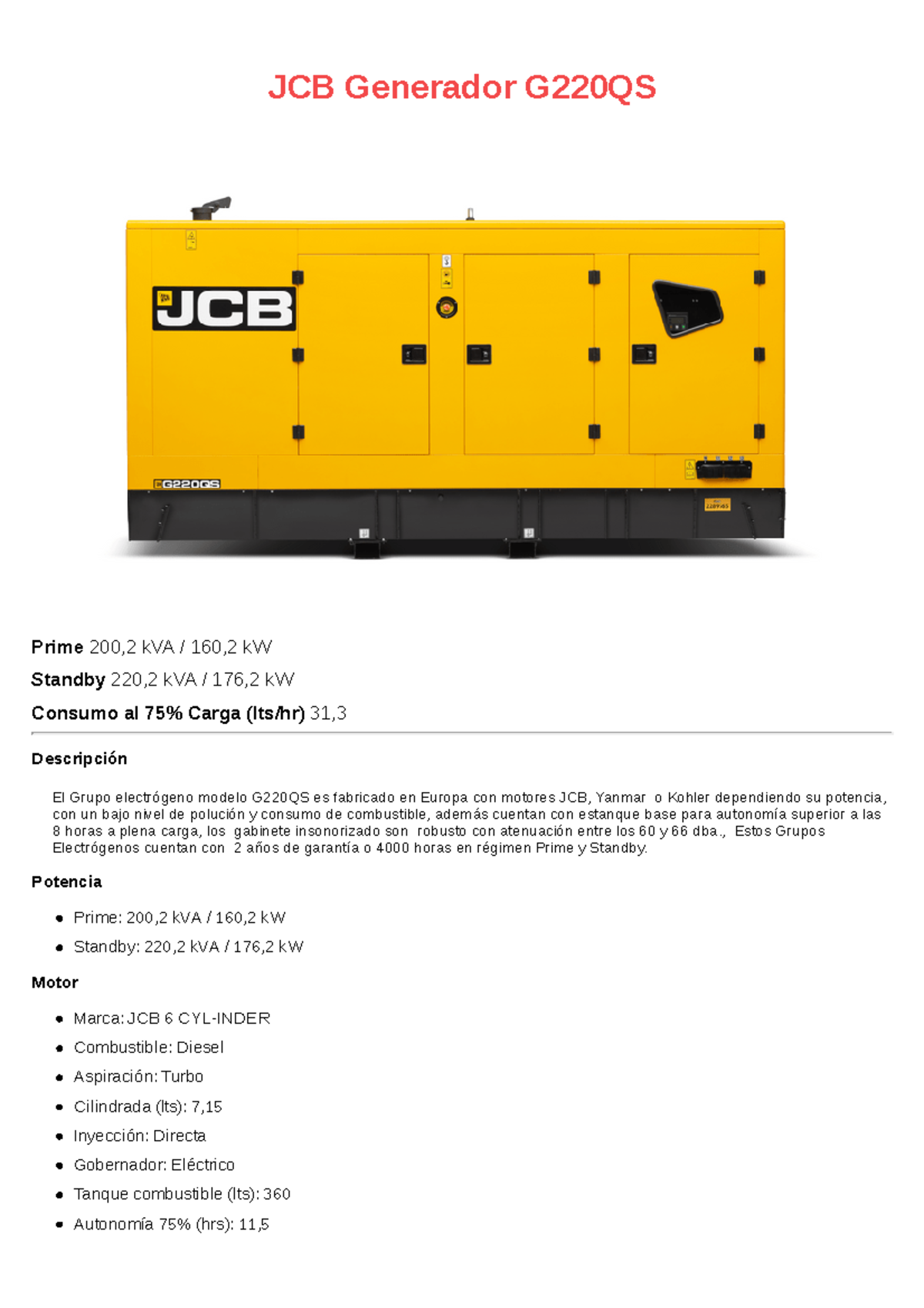 Generador-g220qs-jcb - JCB Generador G220QS Prime 200,2 kVA / 160,2 kW ...