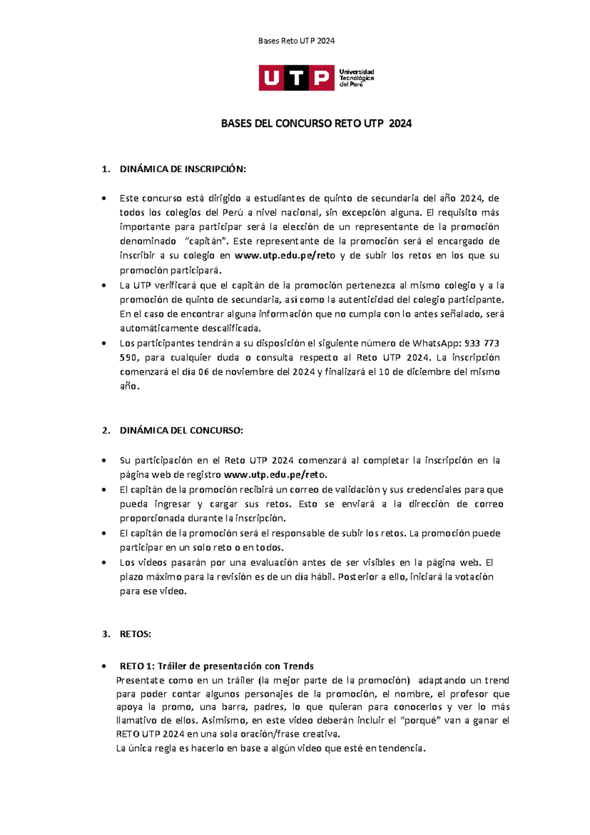 Bases del concurso Reto UTP 2024 - BASES DEL CONCURSO RETO UTP 2024 1 ...