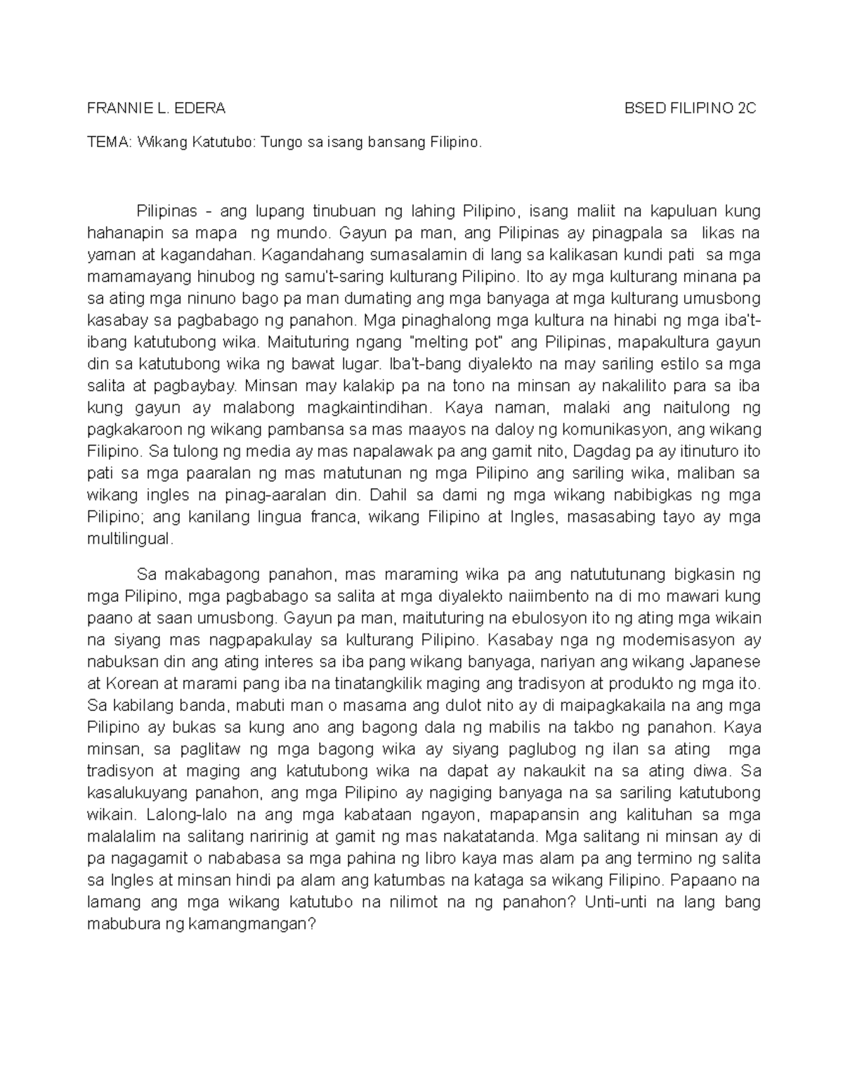 445030465 FRAN Essay FM MAAM Causing docx - FRANNIE L. EDERA BSED ...