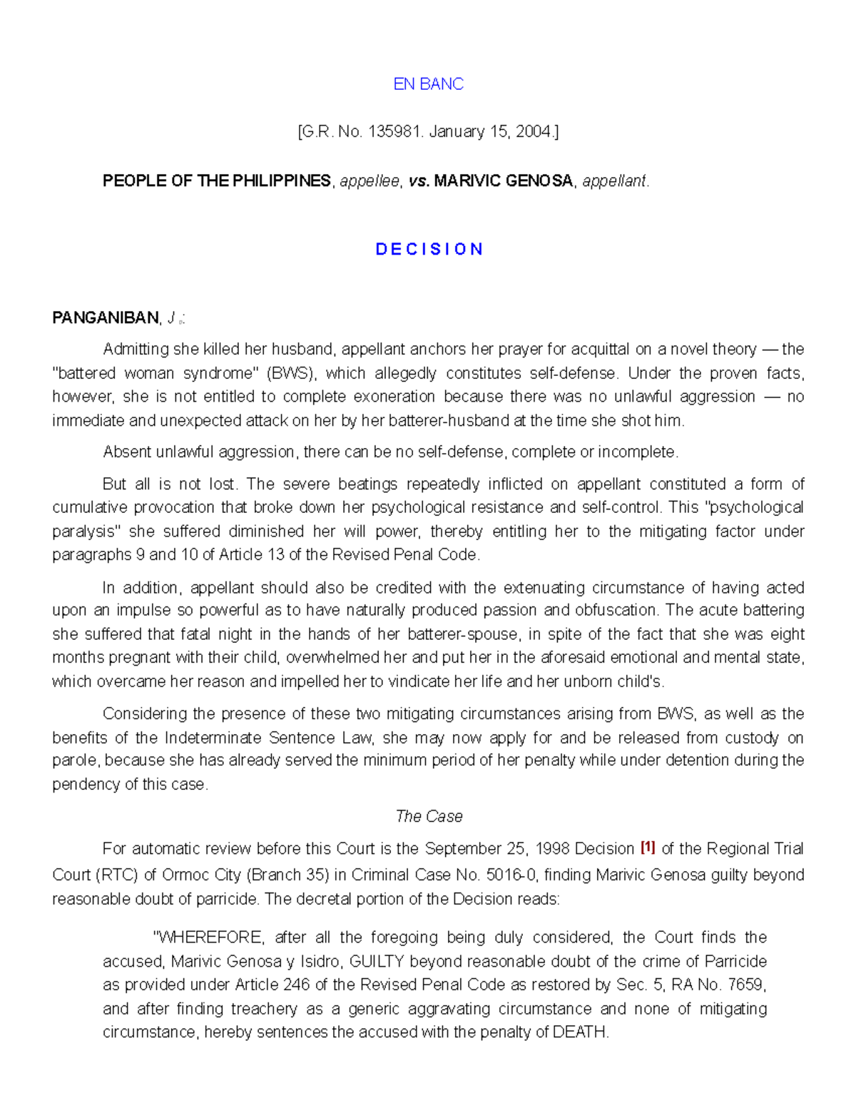 People v. Genosa (G.R. No. 135981) - EN BANC [G. No. 135981. January 15 ...