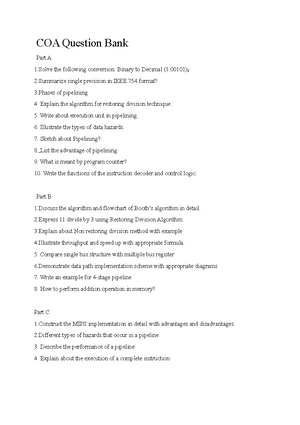 COA Question Bank with answers - COA Question Bank Part A 1 the following conversion. Binary to ...