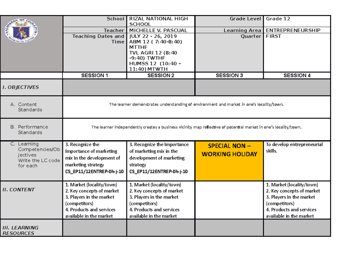 Week 8 dll entrep - Copy - syllabus - School RIZAL NATIONAL HIGH SCHOOL ...