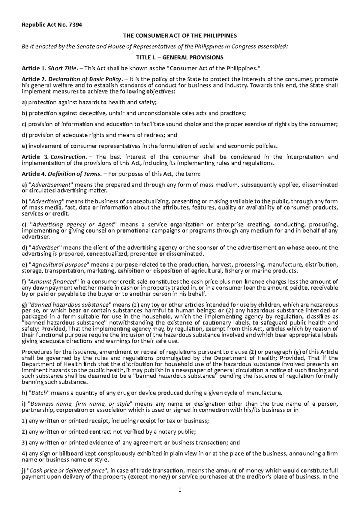 Republic Act No. 7394 - lecture - Republic Act No. 7394 THE CONSUMER ...