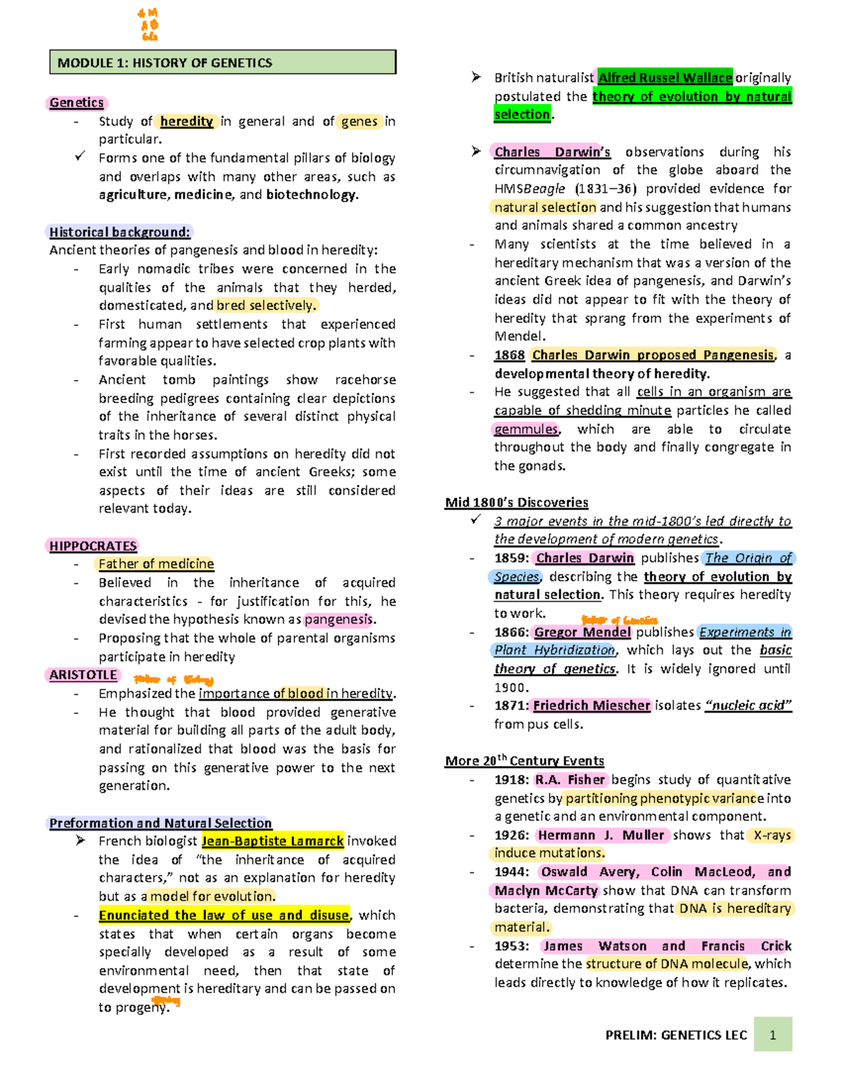 Genetics - PRELIM: GENETICS LEC 1 MODULE 1: HISTORY OF GENETICS ...