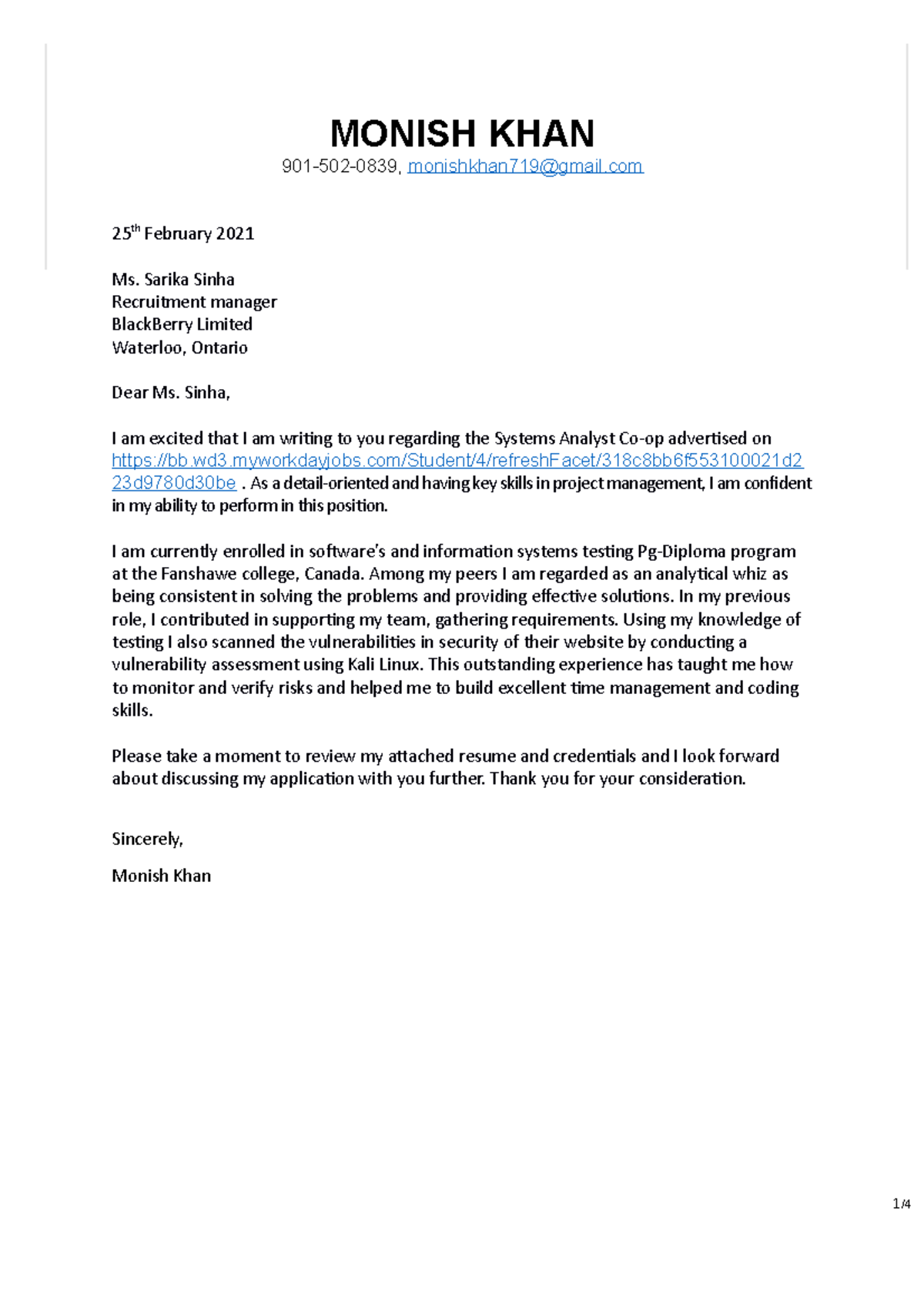 Cover letter monish khan - 1 / MONISH KHAN 901-502-0839, monishkhan719 ...