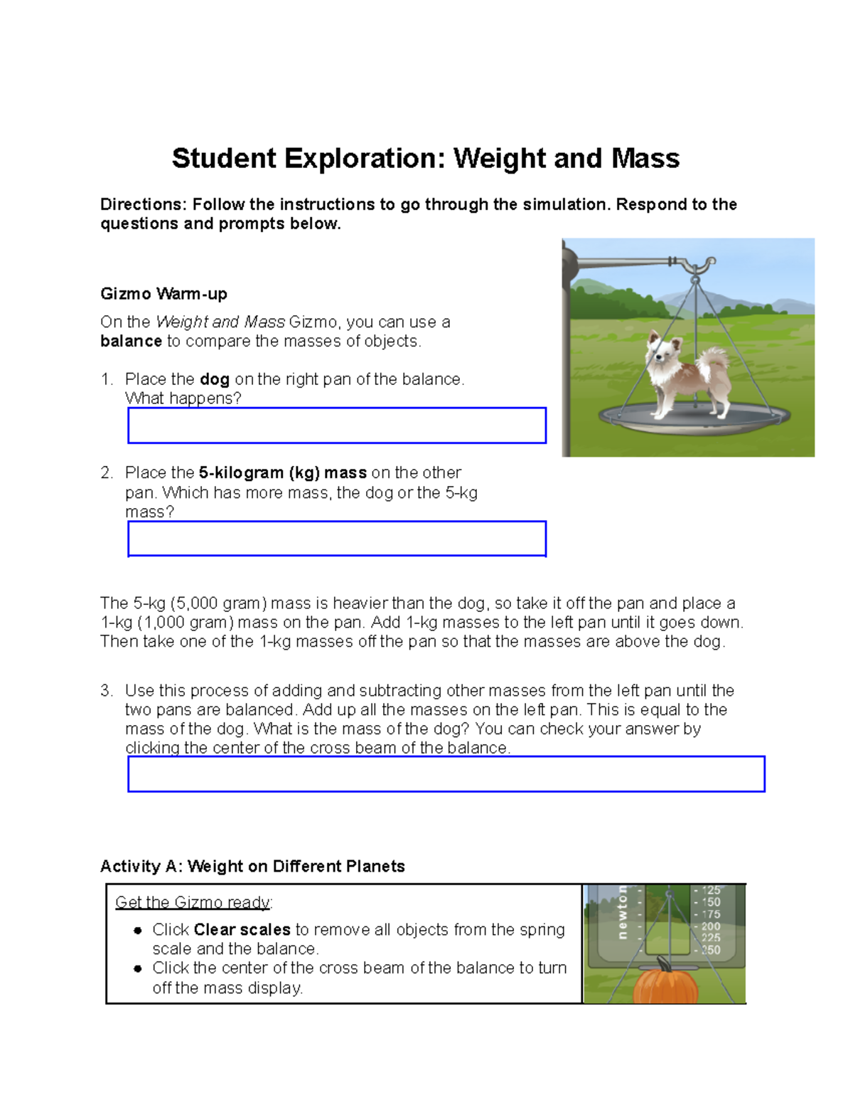 Weight vs. Mass Gizmos Student Sheet - Student Exploration: Weight and ...