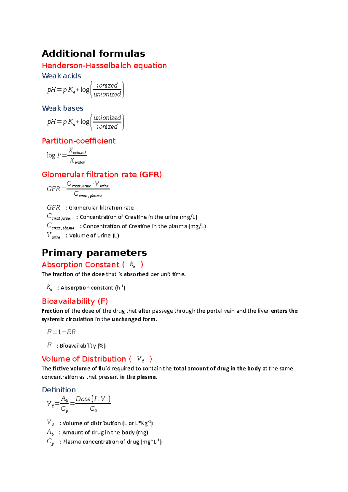 Topic 1- Formulas Pharmacokinetics - Additional formulas Henderson ...