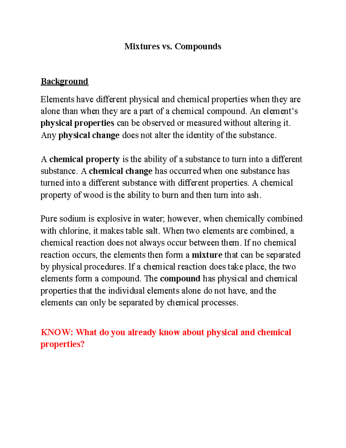 Chemistry chapter 2 mixtures and compounds lab - Mixtures vs. Compounds ...
