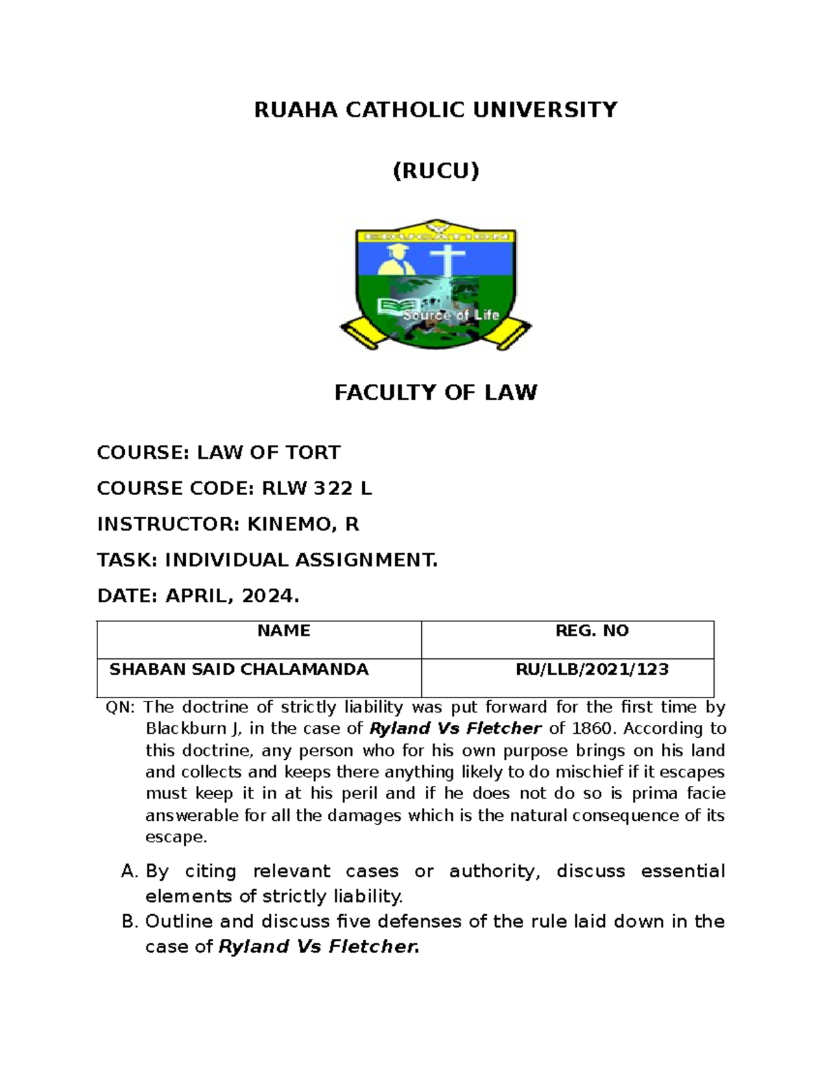 Strict - Researchable - RUAHA CATHOLIC UNIVERSITY (RUCU) FACULTY OF LAW ...