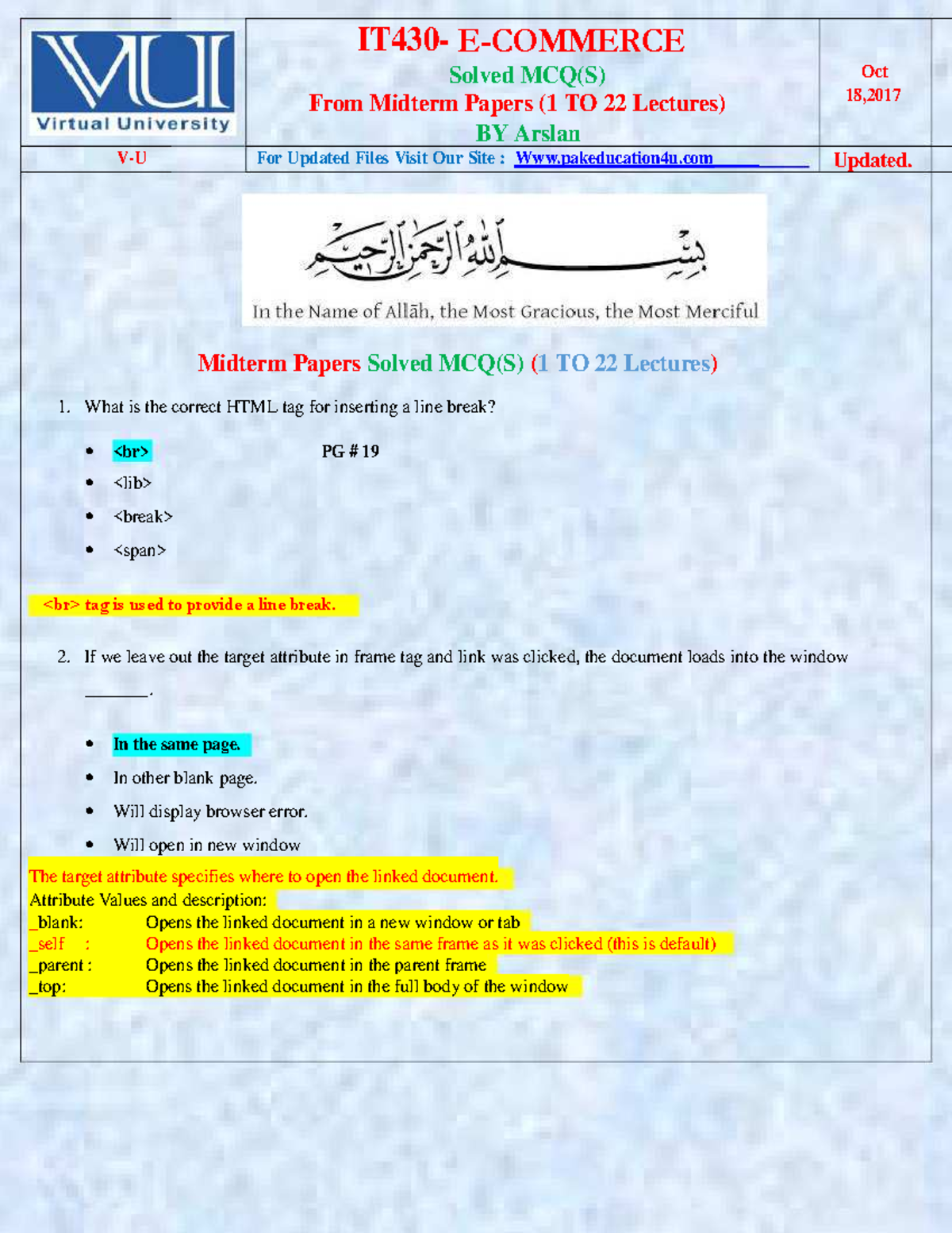 It430 Mid Term Mcqs With Reference Solved By Arslan It430 E Commerce Solved Mcqs From