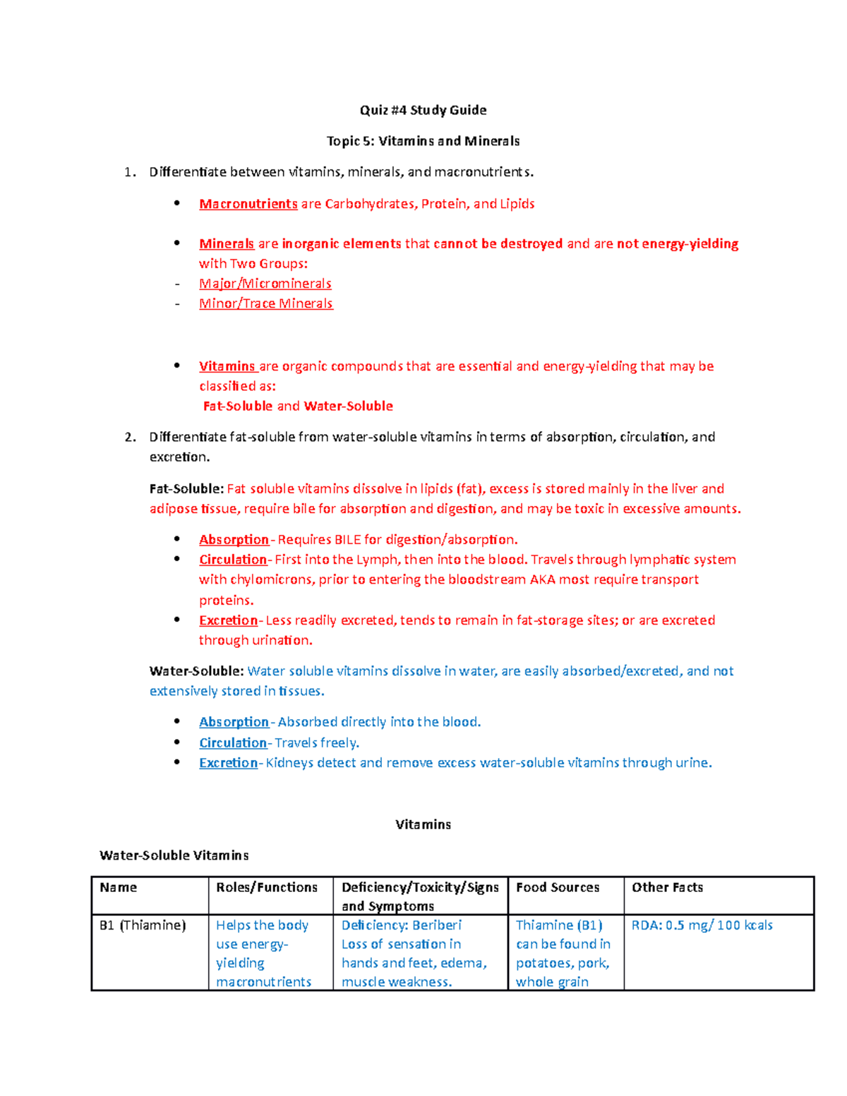 Quiz 4 Study Guide - Quiz #4 Study Guide Topic 5: Vitamins and Minerals ...