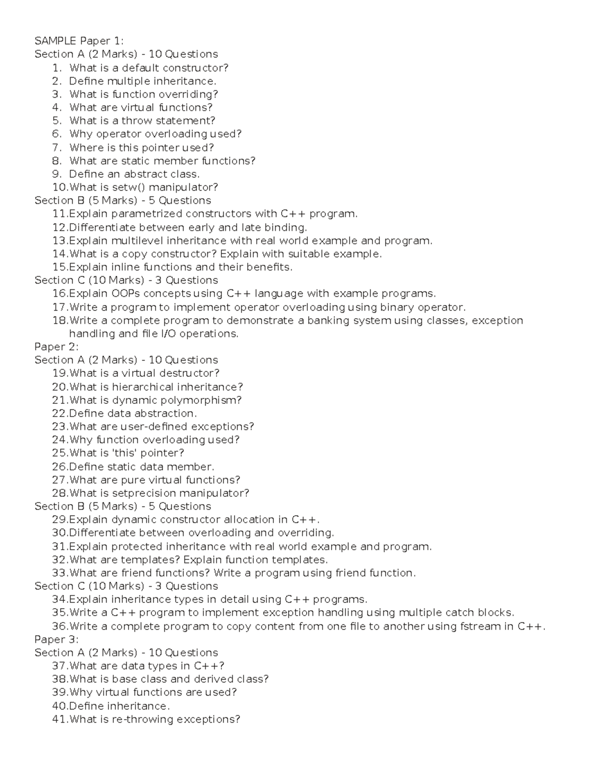 Oops ptu 3rdsem sample paper - SAMPLE Paper 1: Section A (2 Marks) - 10 Questions 1. What is a ...