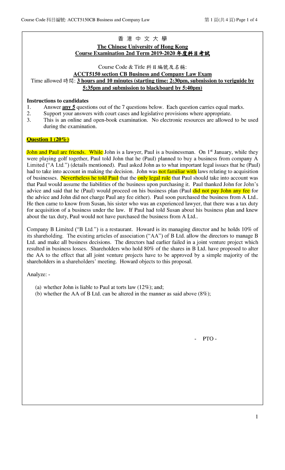 ACCT 5150 exam 2019-2020 semester two - 香 港 中 文 大 學 The Chinese ...