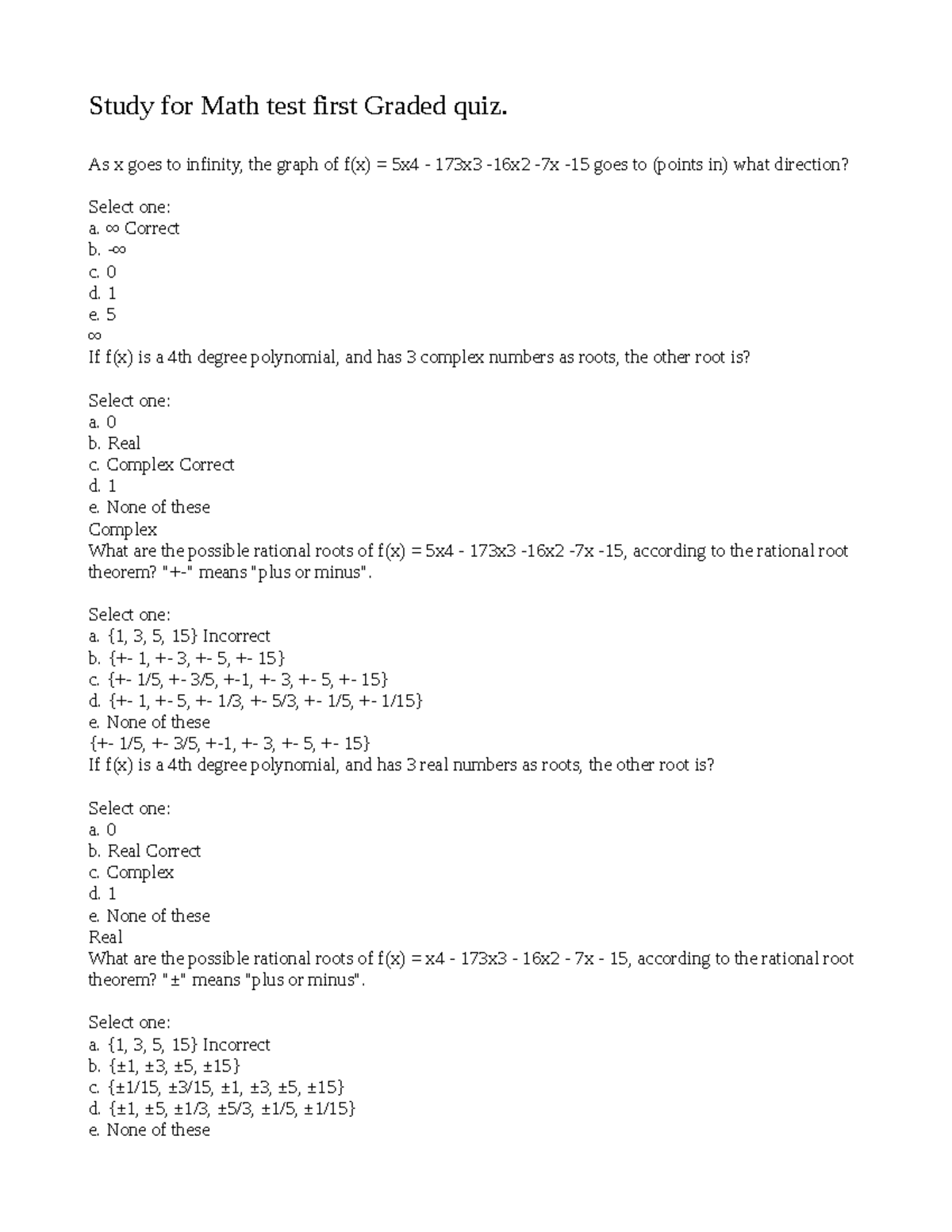 MATH 1201 College Algebra Unit 3 graded quiz - Study for Math test ...