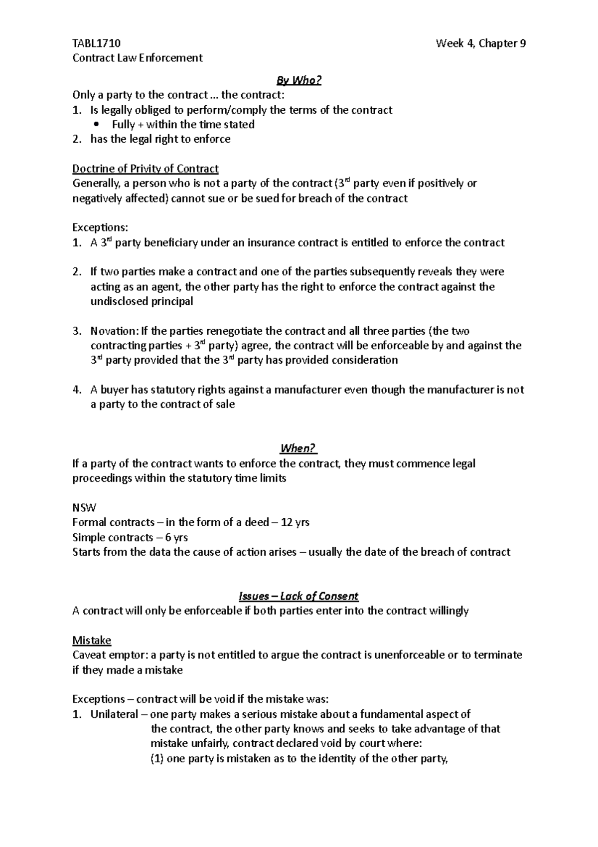 C9, W4 - Textbook (Business Law 5e) and lecture notes - Contract Law ...