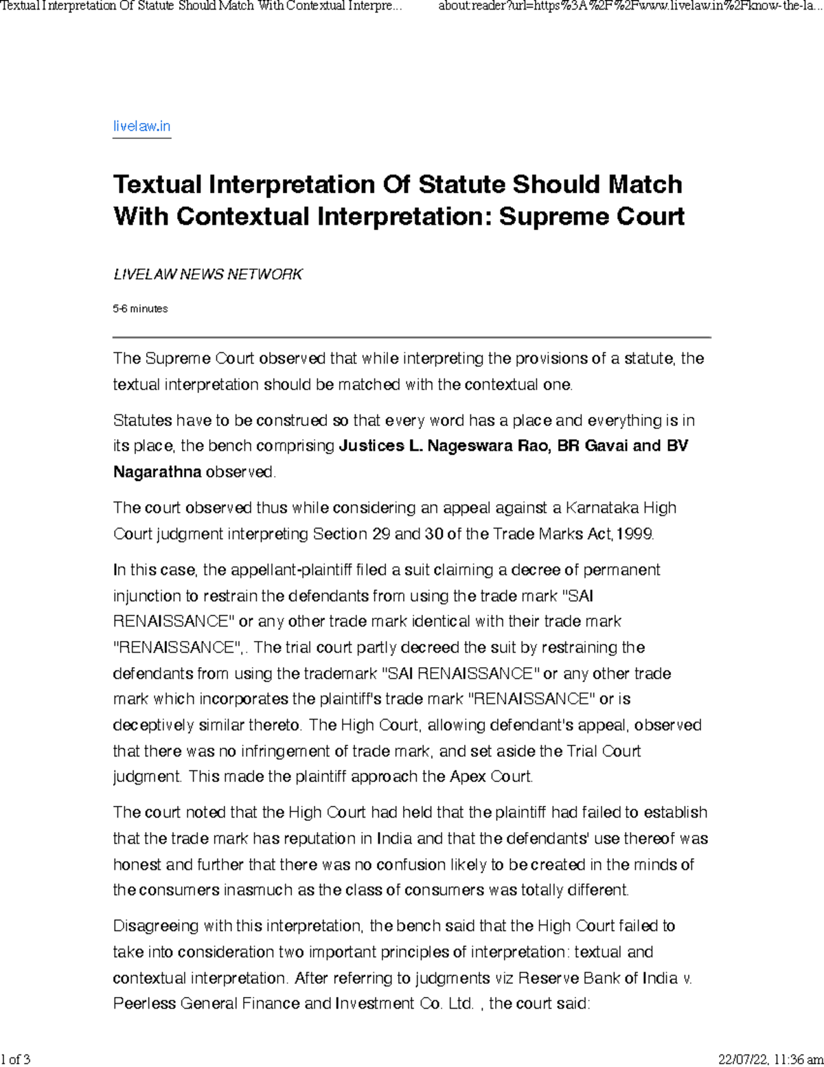 Textual Interpretation Of Statute Should Match With Contextual ...