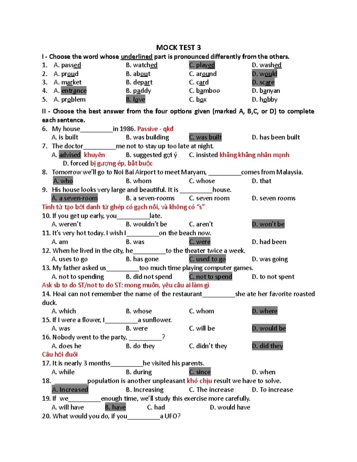 MOCK TEST 3 - Đề giả định ôn tập giữa kì - MOCK TEST 3 I - Choose the ...