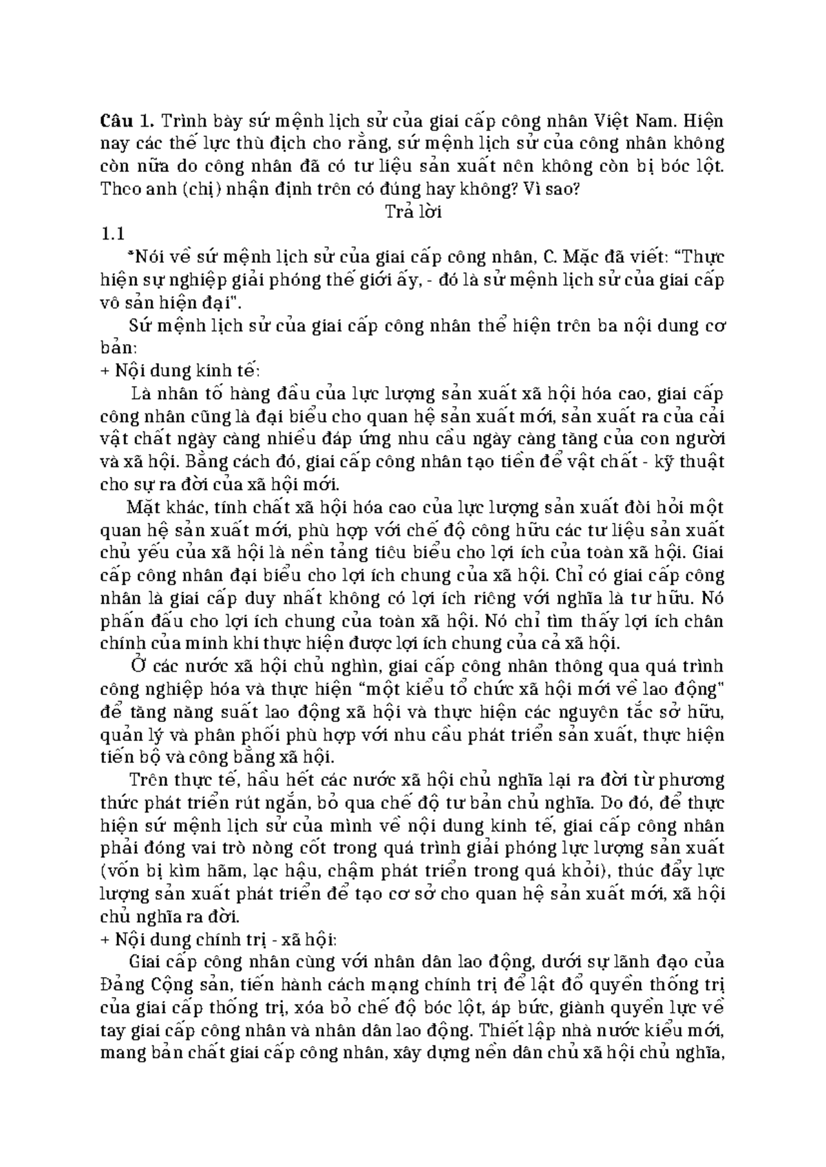 Chu nghia - Câu 1. Trình bày s ứ m nh l ch sệ ị ử c ủa giai c ấp công nhân Vi t Nam. Hi n ệ ệ ...