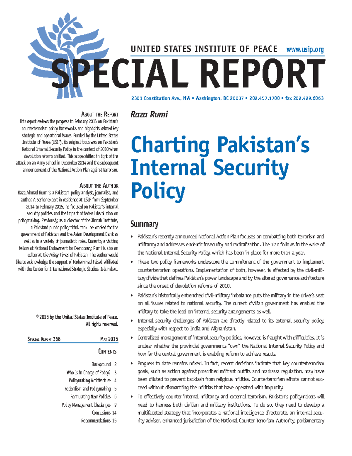 National security of Pakistan - ABOUT THE REPORT This report reviews ...