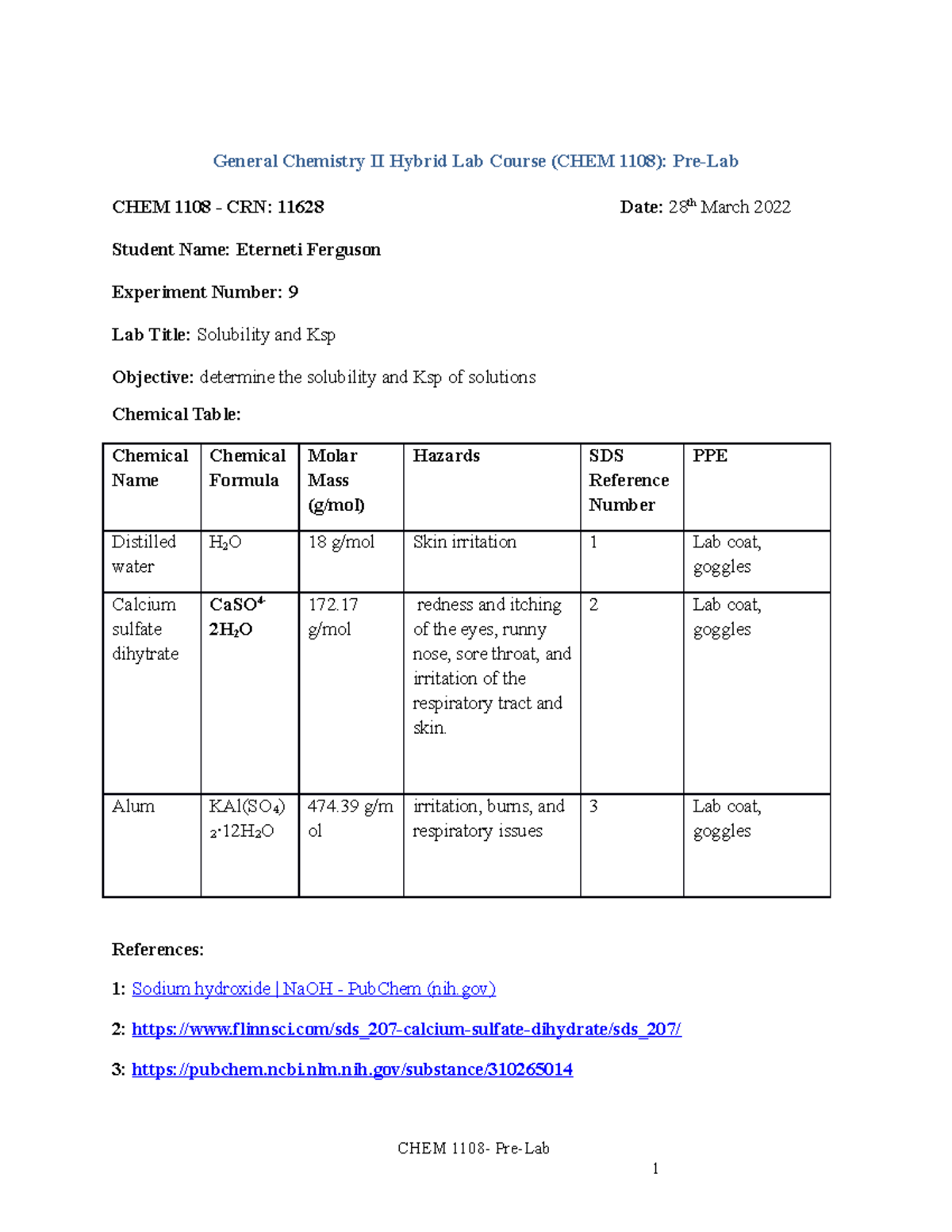 CHEM 1108 Solubility and Ksp Pre-Lab(9) - General Chemistry II Hybrid ...