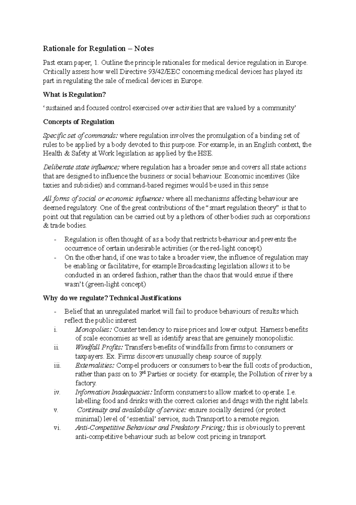 Rationale for Regulation – Notes - Outline the principle rationales for ...