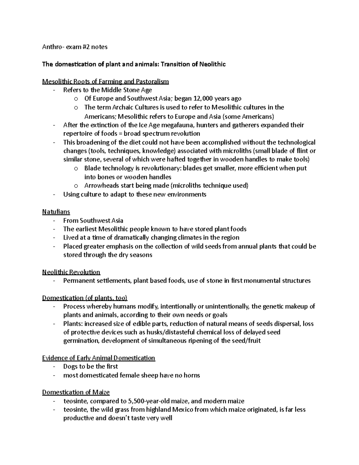 Anthropology Lecture Notes - exam notes The domestication of plant and ...