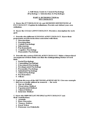 Introduction to Psychology Study Guide - Introduction to Psychology ...