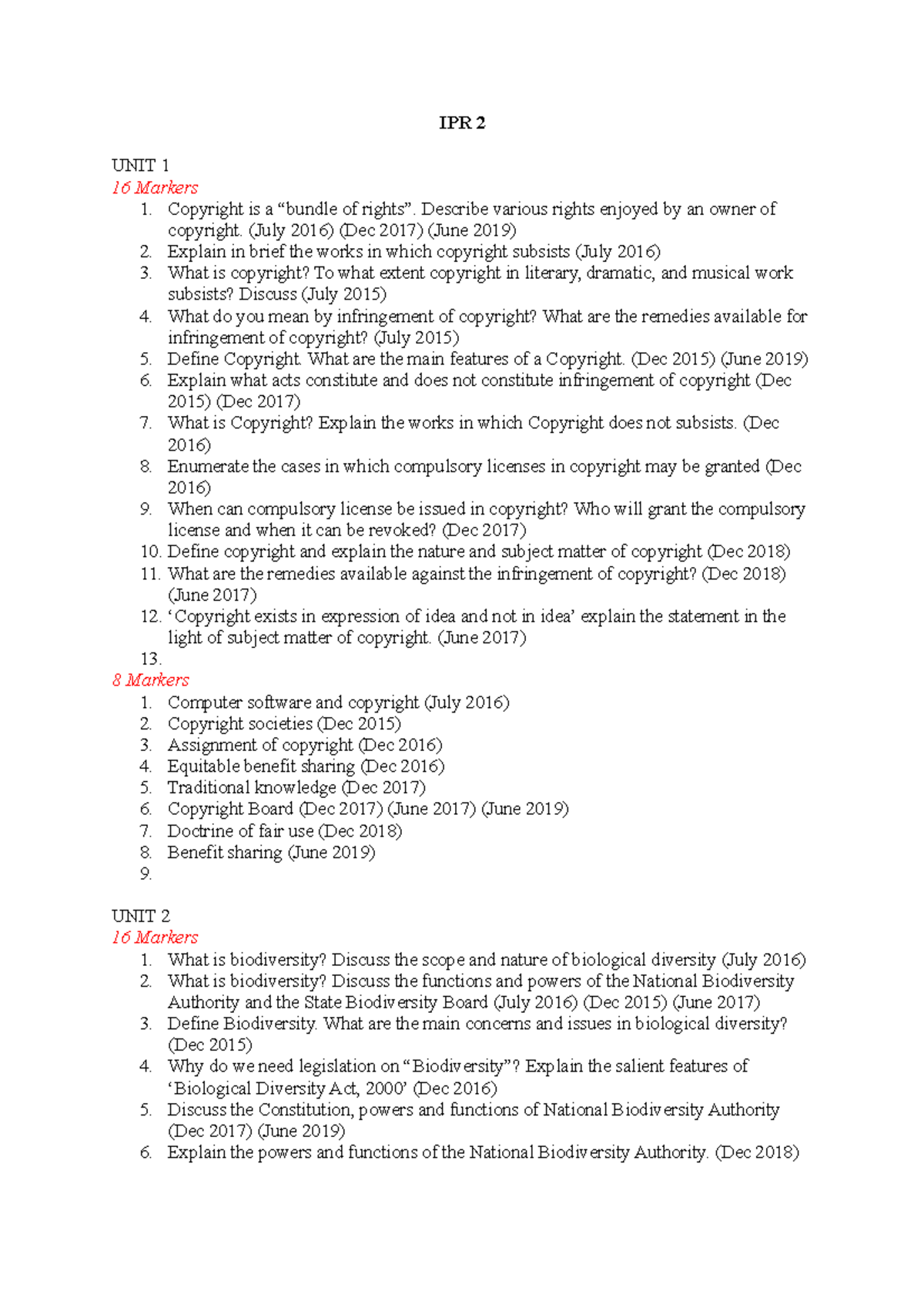 IPR 2 - Question bank - IPR 2 UNIT 1 16 Markers 1. Copyright is a “bundle of rights”. Describe ...