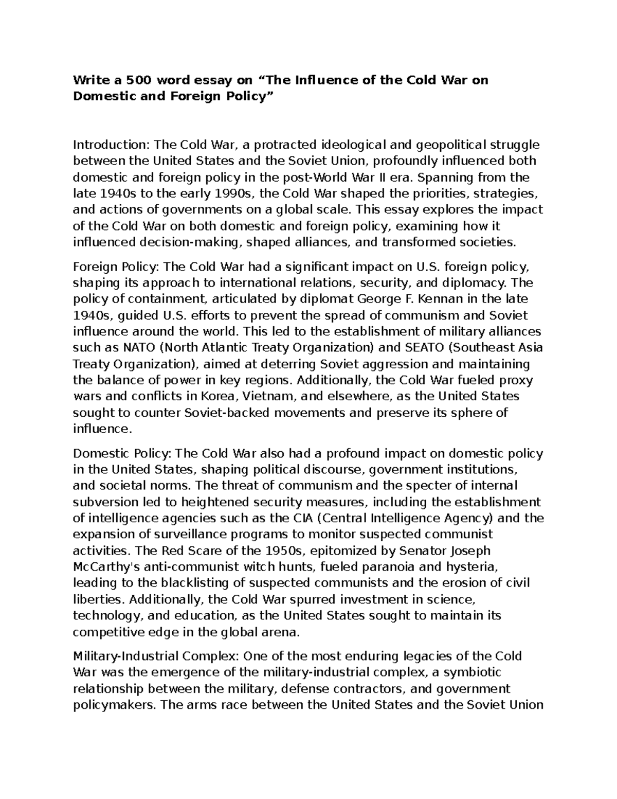 USH 8 - HUSH Assignment - Write a 500 word essay on “The Influence of ...