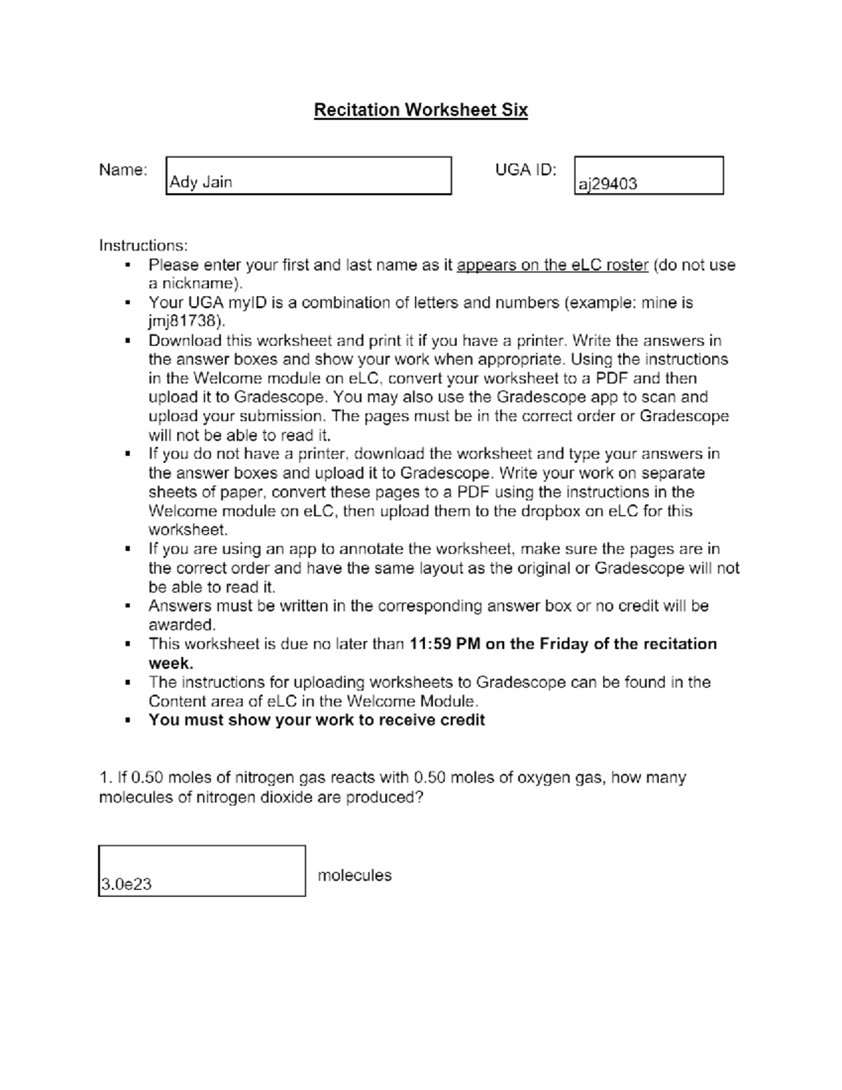 Recitation #6 - CHEM 1211 - Studocu