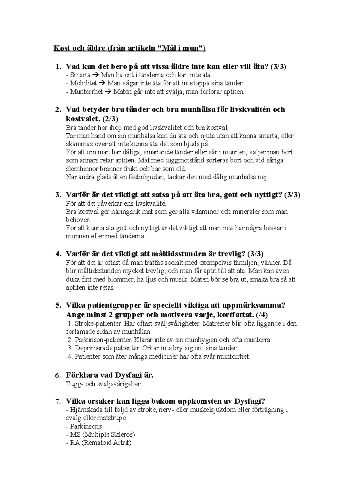 OPH- Del 3 - gamla tentor - Kost och äldre (från artikeln ”Mål i mun ...