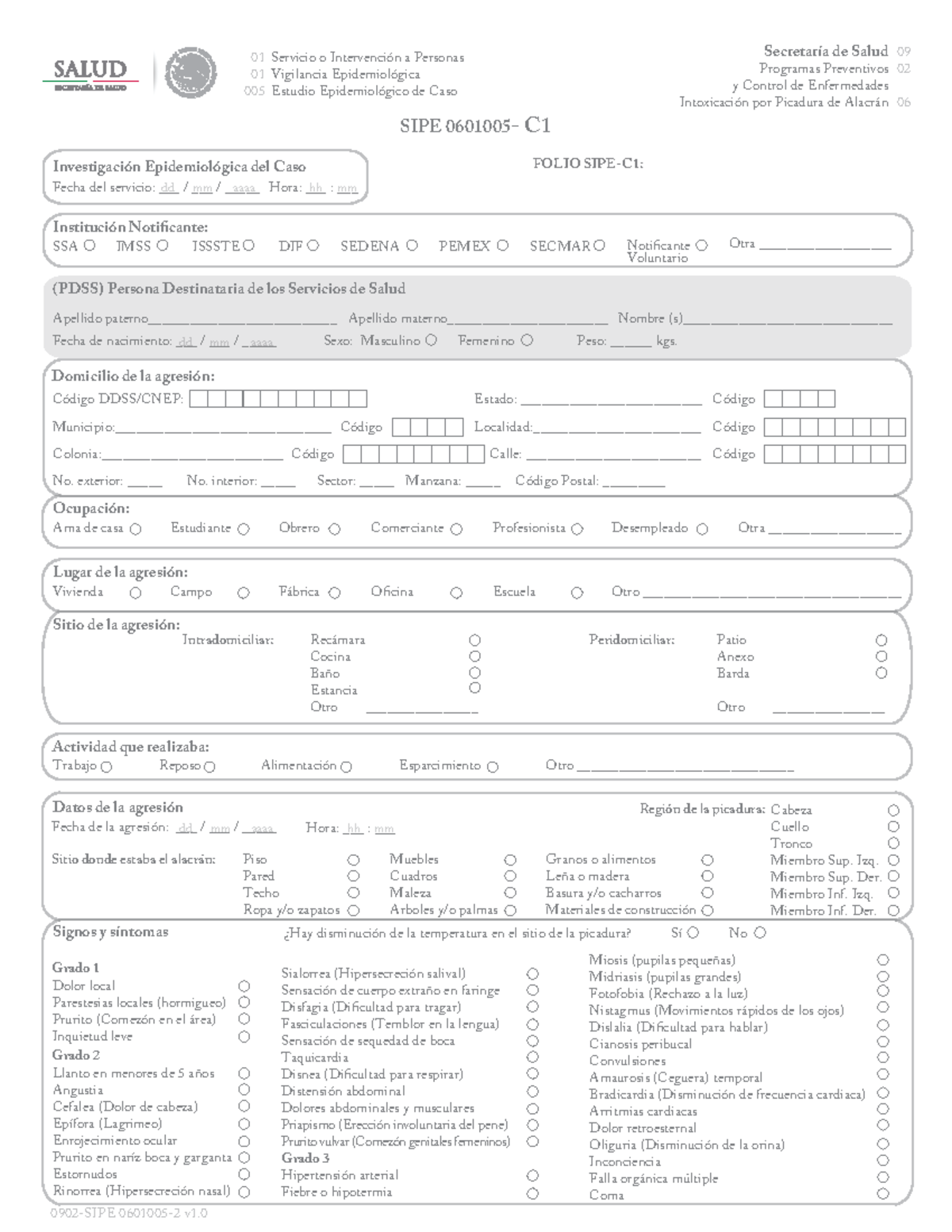 Formato SIPE-C1 Picadura Alacran - Secretaría de Salud Programas Preventivos y Control de - Studocu