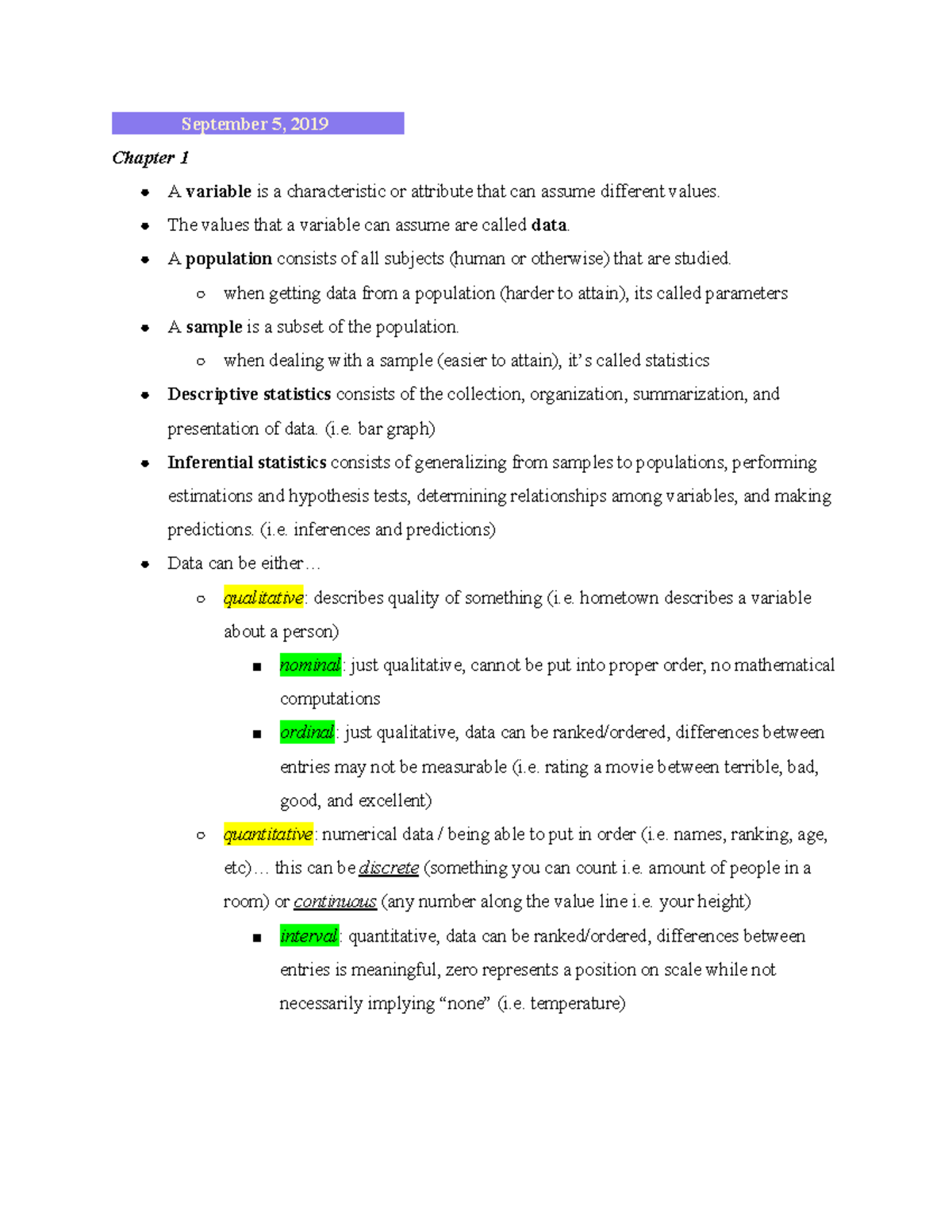 Stat notes - September 5, 2019 Chapter 1 A variable is a characteristic ...