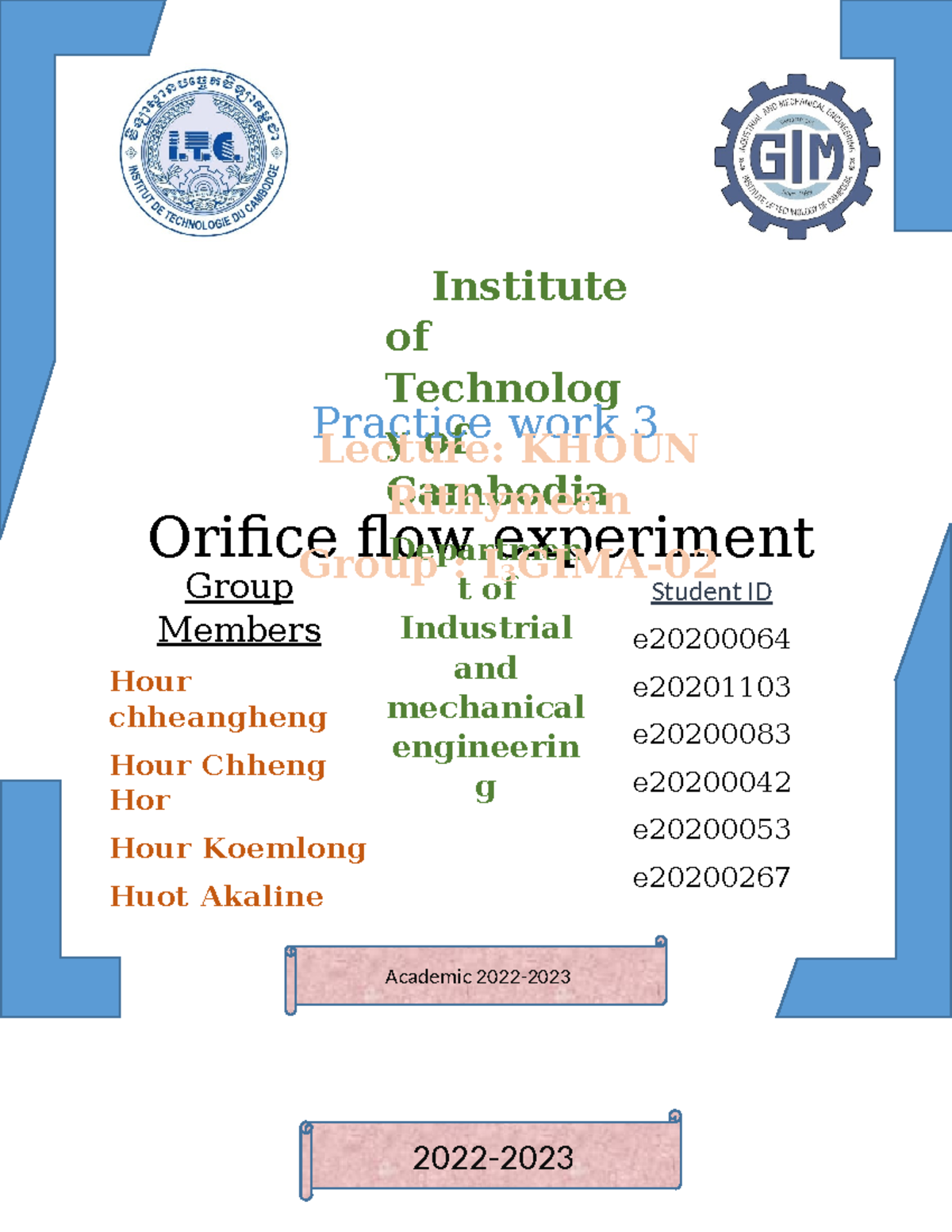 TP Report fluid - practice - Orifice flow experiment Institute of ...