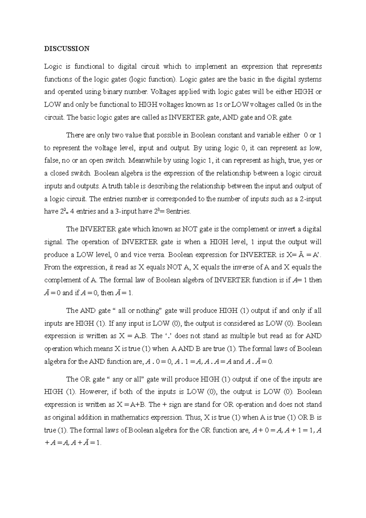 Lab Report Discussion Simulation 1 PHY340 - DISCUSSION Logic is functional to digital circuit ...