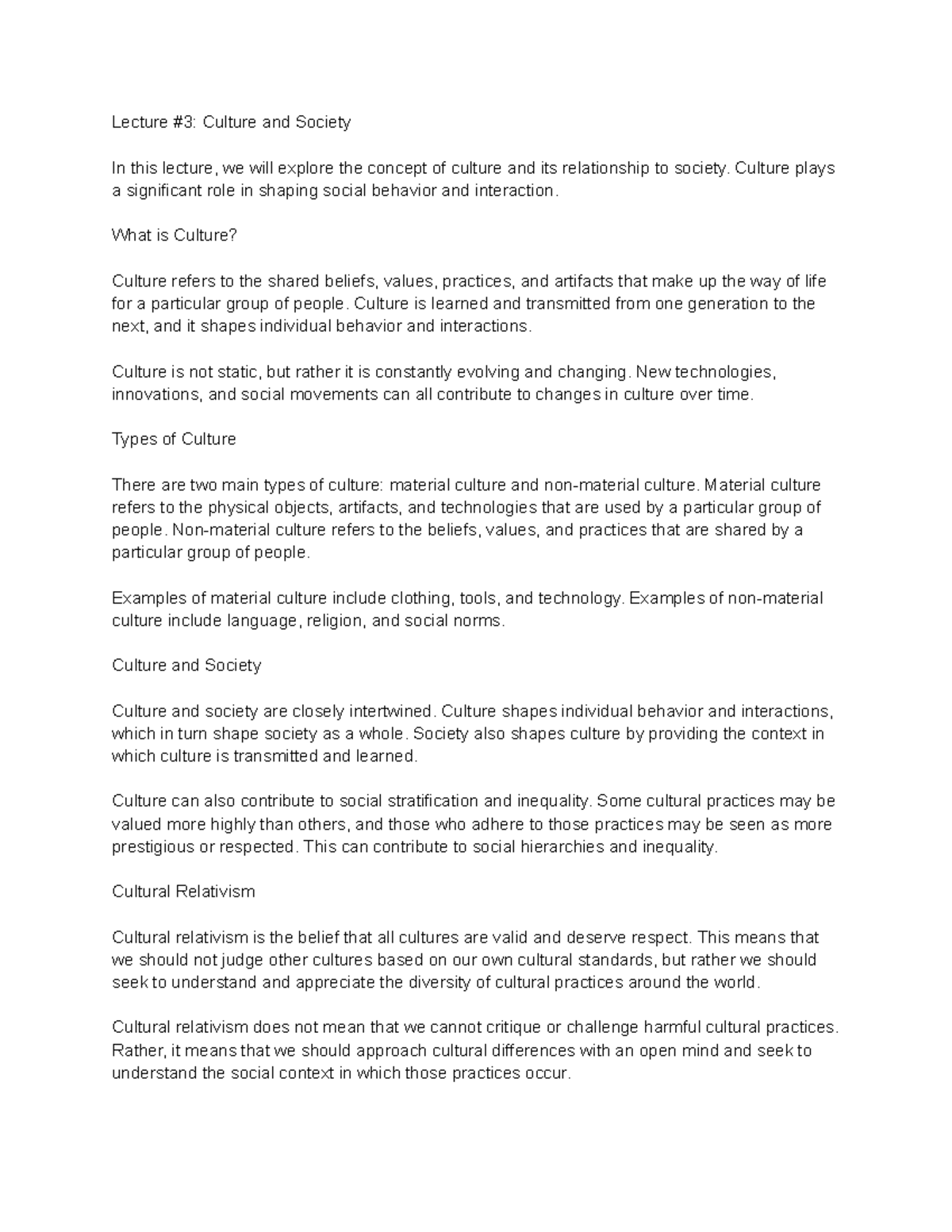 Lecture #3 Culture and Society - Lecture #3: Culture and Society In ...