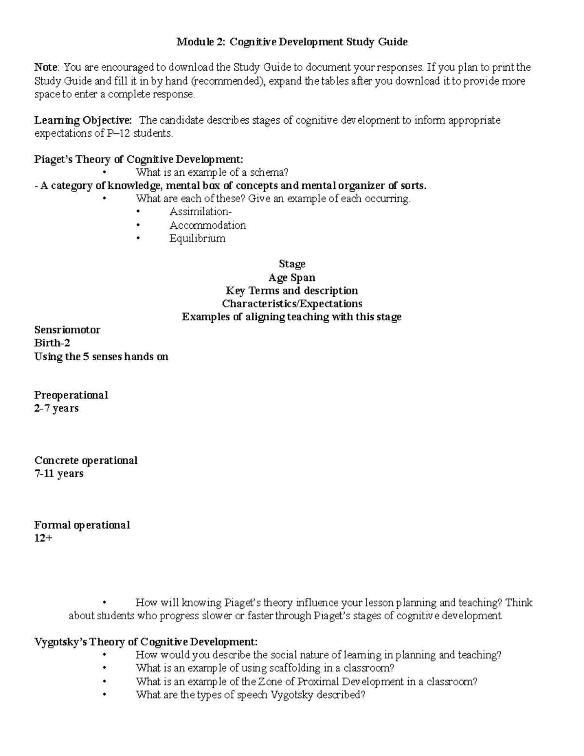 D094 d307 m2 study guide - Module 2: Cognitive Development Study Guide ...